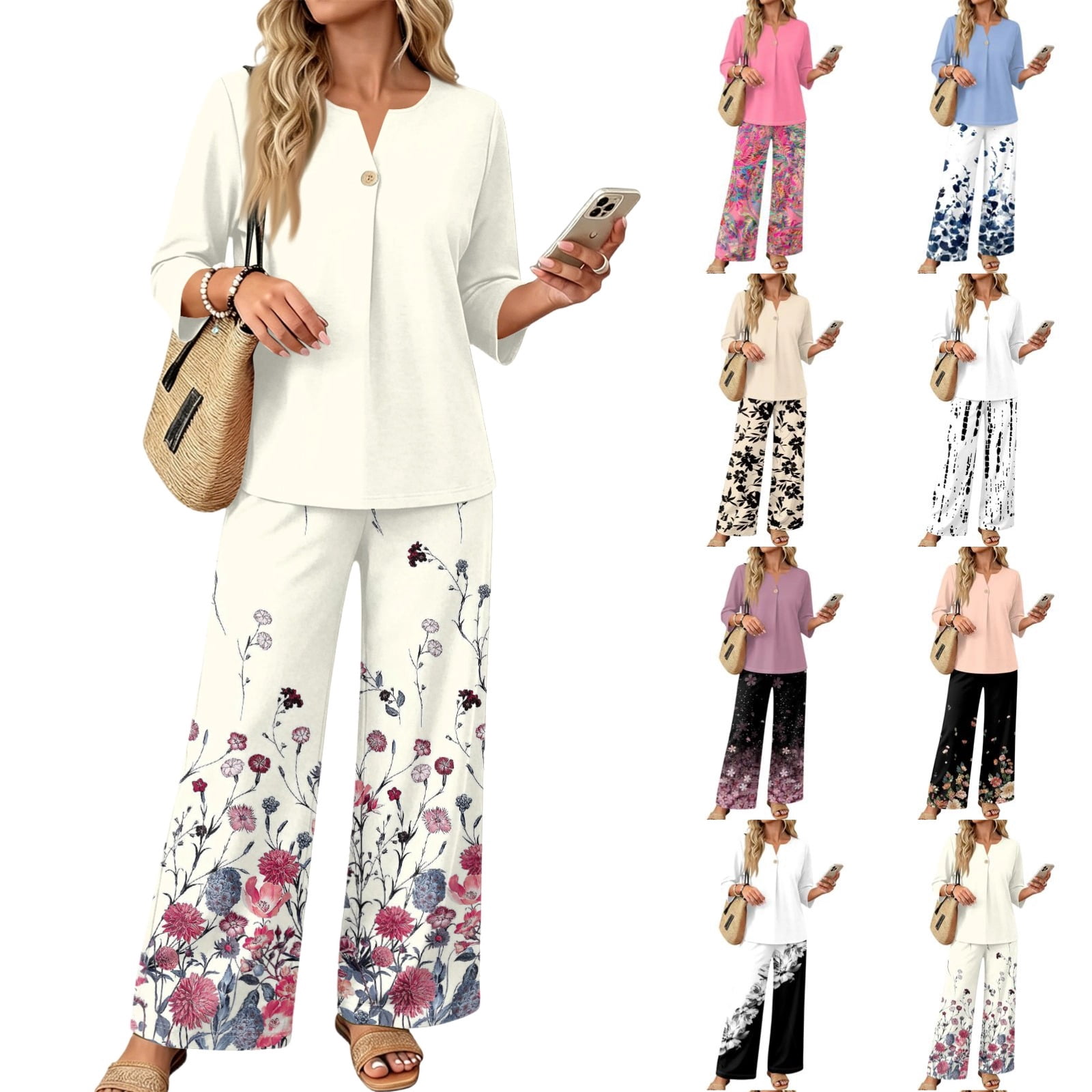 Bbyeadc 2 Piece Sets for Women Summer 3/4 Sleeve V Neck Button Tops ...