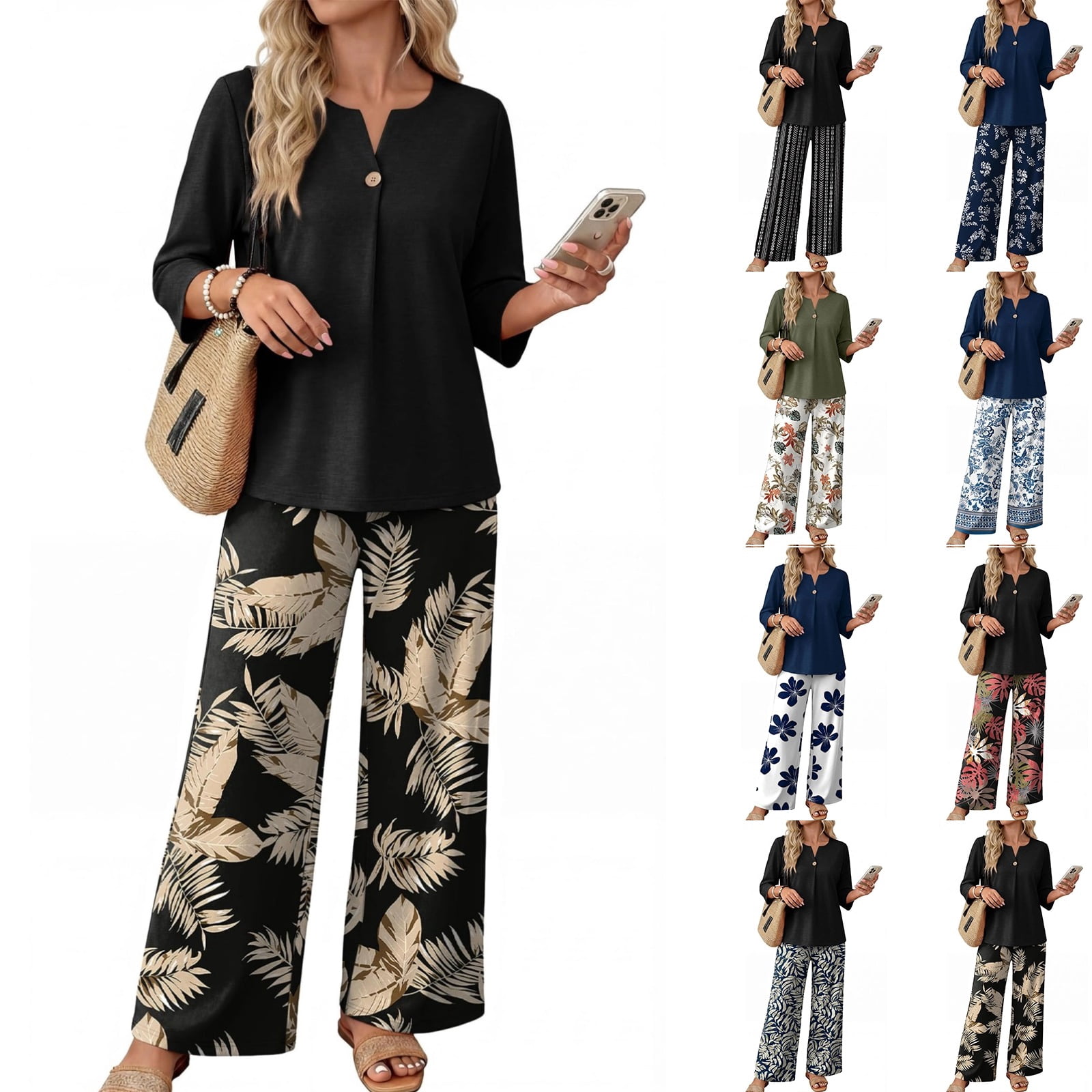 Bbyeadc 2 Piece Sets for Women Summer 3/4 Sleeve V Neck Floral Print ...