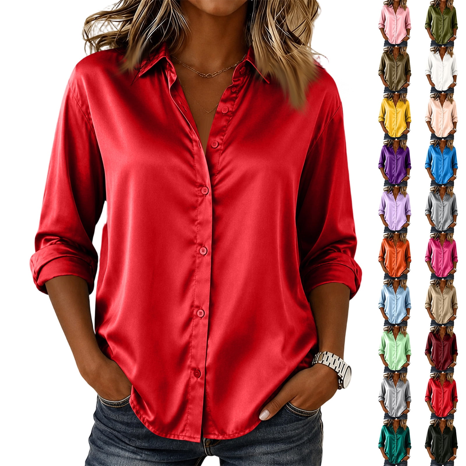 Bbyeadc Blouses for Women Satin Button Down Shirts Long Sleeve Business ...