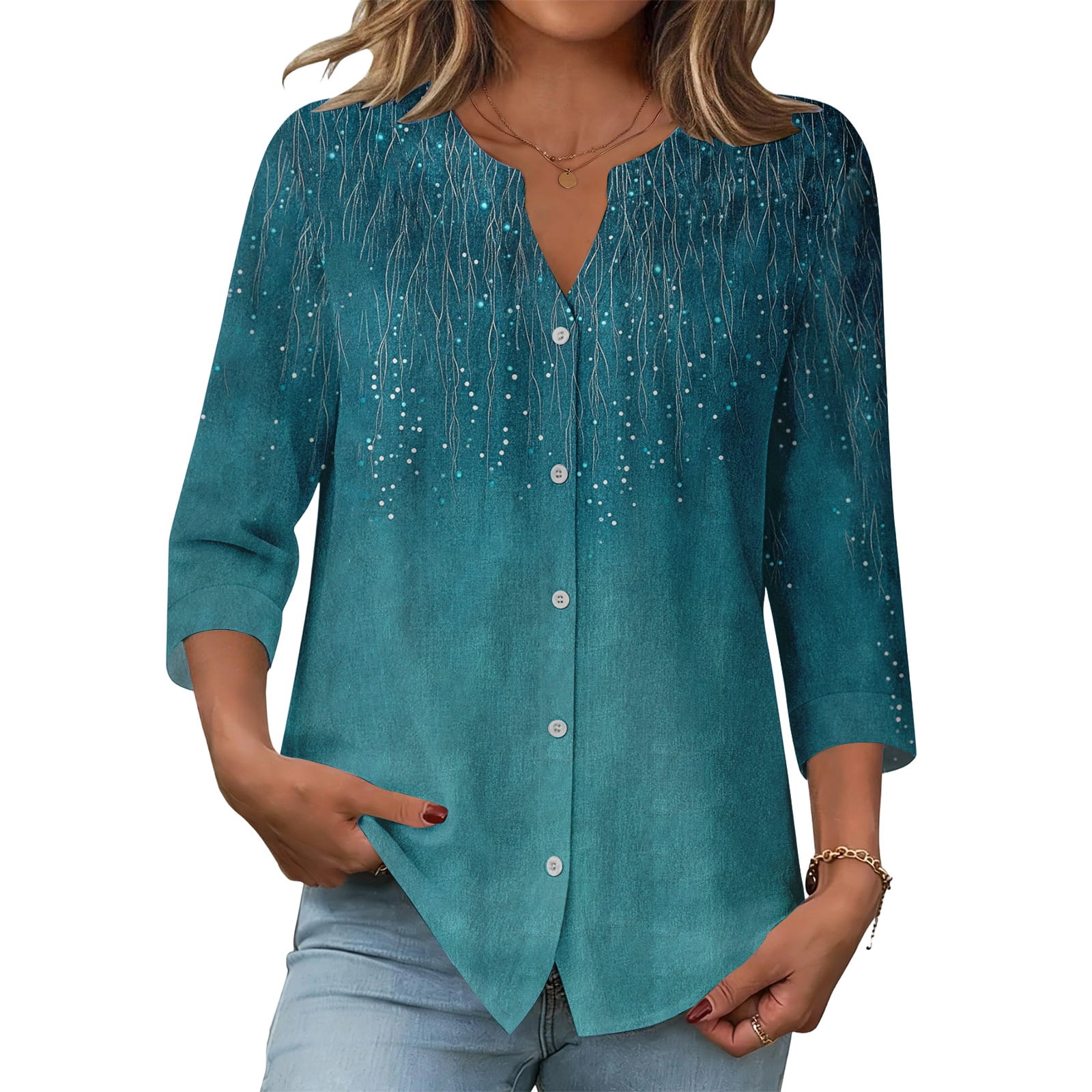 Bbyeadc Button Up Shirts for Women 3/4 Length Sleeve Round Neck Tee ...