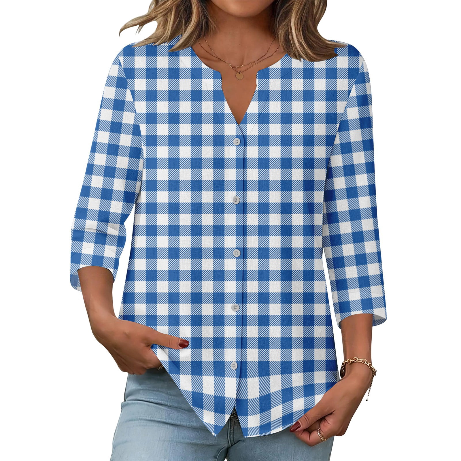 Bbyeadc Button Up Shirts for Women 3/4 Length Sleeve Round Neck Top ...
