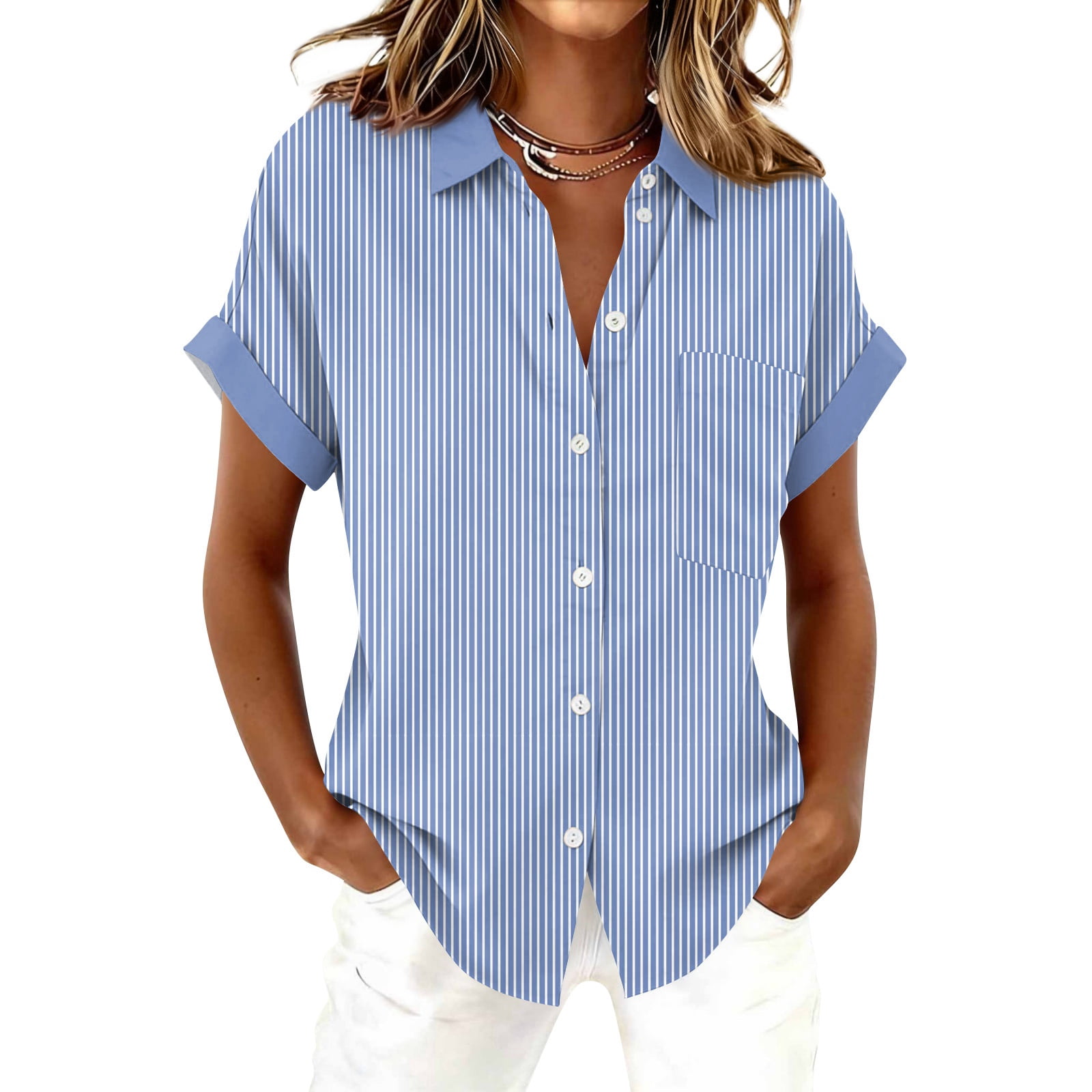 Bbyeadc Button Up Shirts for Women Short Sleeve Round Neck Top Striped ...