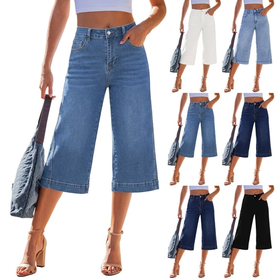 Bbyeadc Capri Jeans for Women: Wide-Leg, High-Waisted, Pull-On ...
