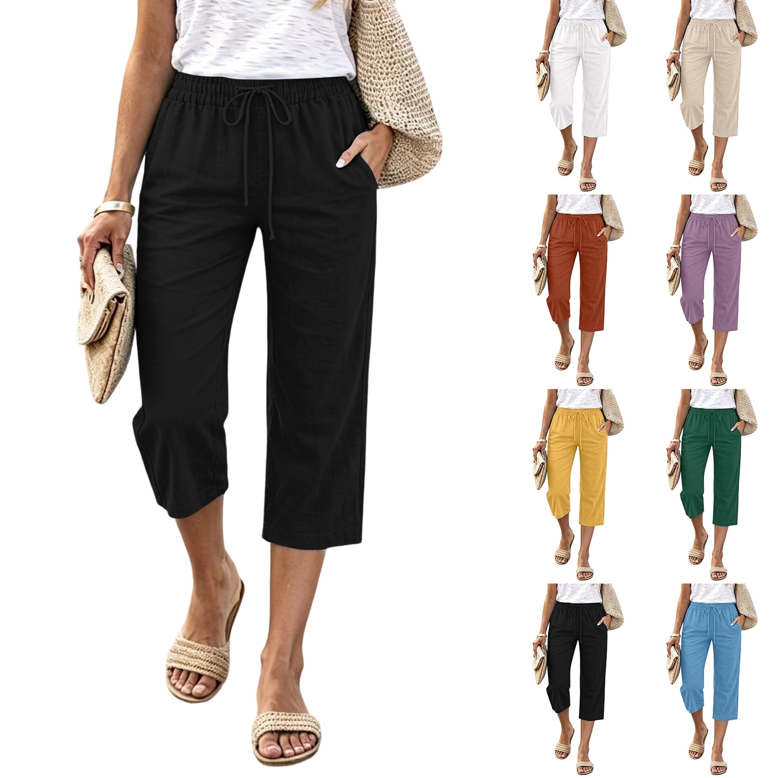 Bbyeadc Capris Pants for Women Cotton Linen Casual Summer Straight Wide ...