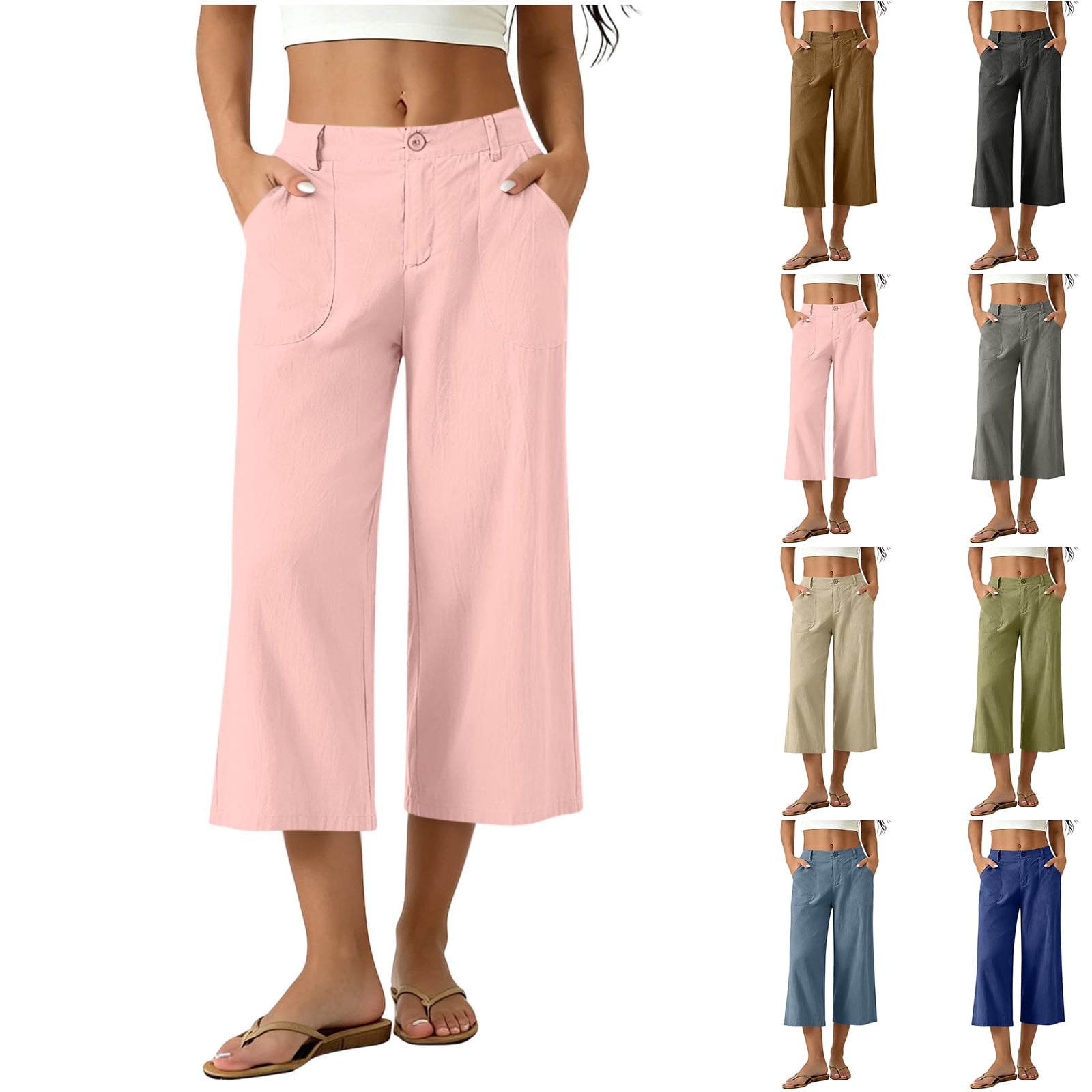Bbyeadc Capris for Women Wide Leg Linen Capri Pants Summer Buttons High ...