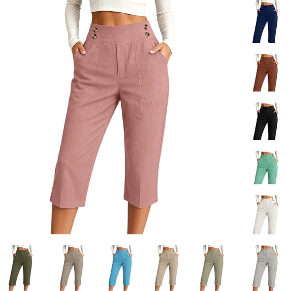 Bbyeadc Capris for Women with Pockets Women's Cotton Linen High Waisted ...