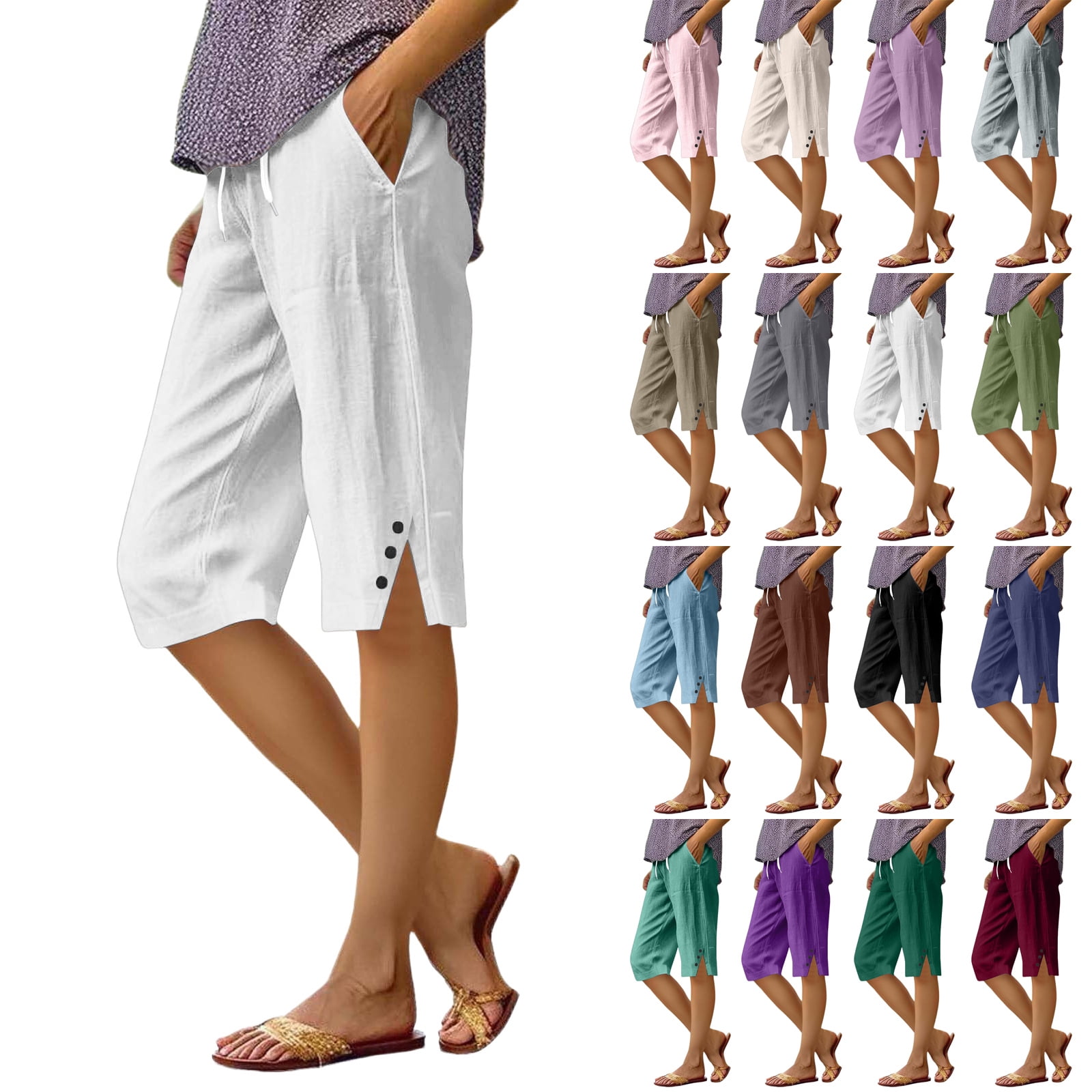 Bbyeadc Cotton Linen Shortsfor Women Petite Bermuda Shorts Knee Length ...
