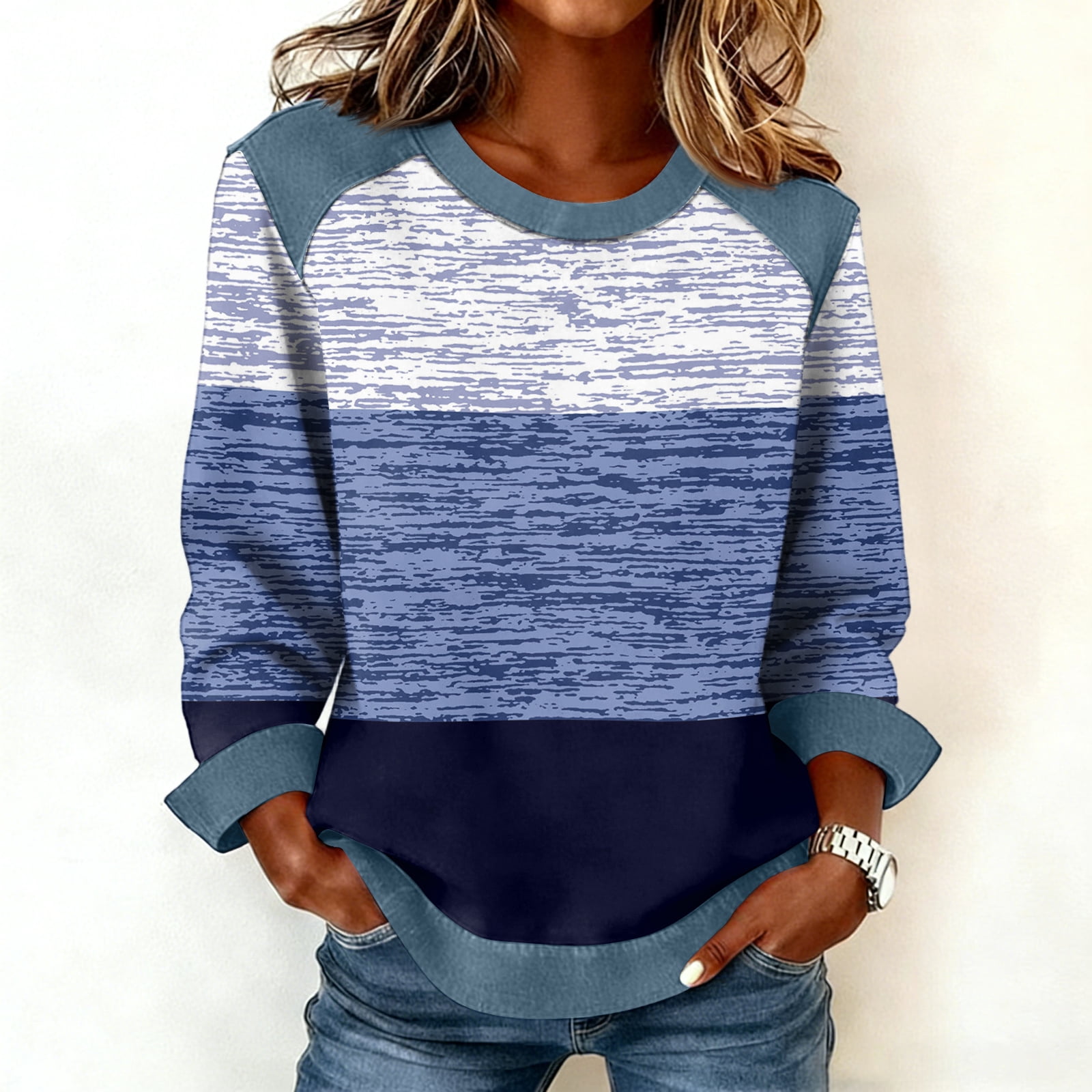 Bbyeadc Denim Shirt Women Long Sleeve Top Plus Size Crew Neck Tee ...