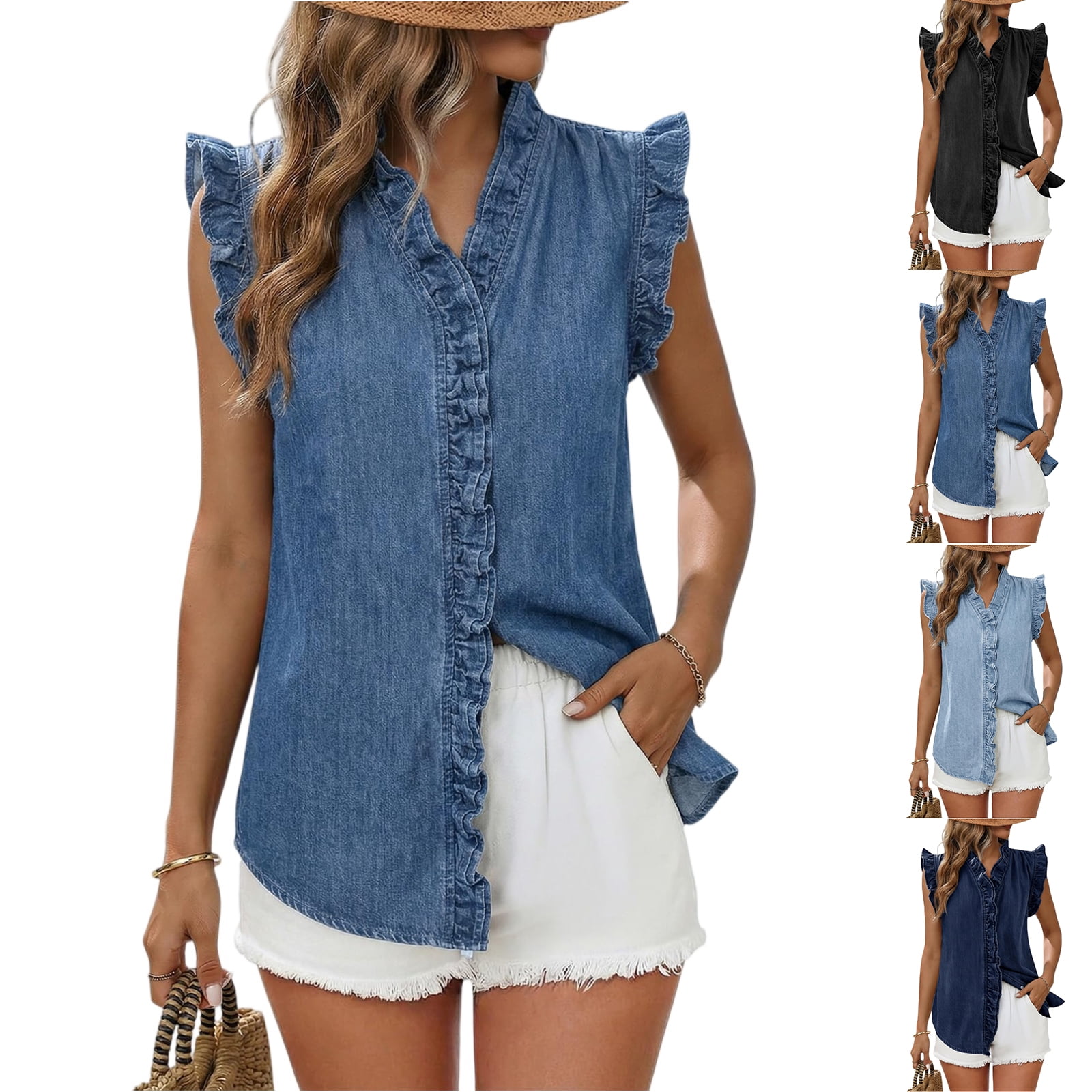 Bbyeadc Denim Vest Top for Women Casual Summer Jean Vest Top Button ...