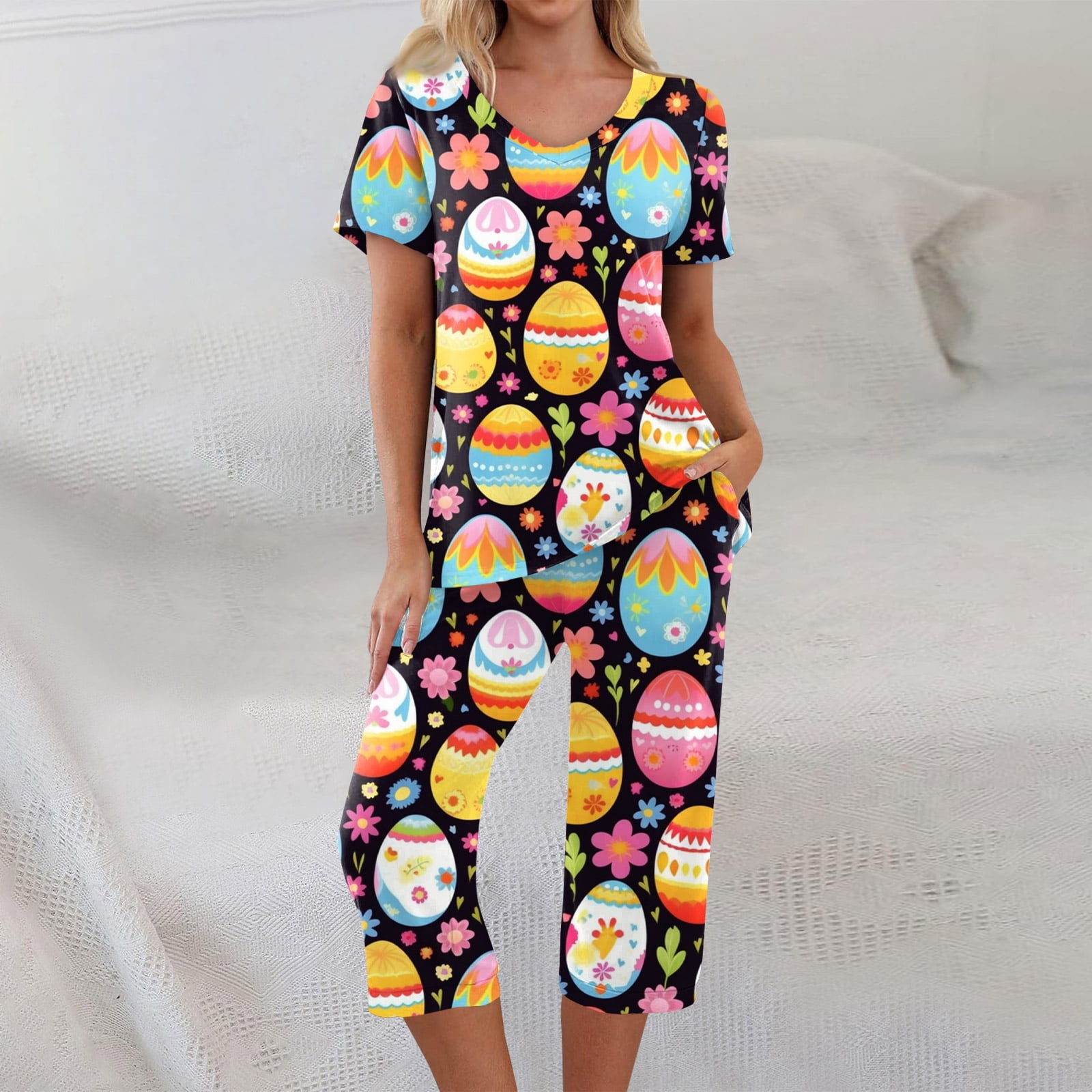 Bbyeadc Easter Lounge Sets for Women Short Sleeve V Neck T-Shirt Rabbit ...