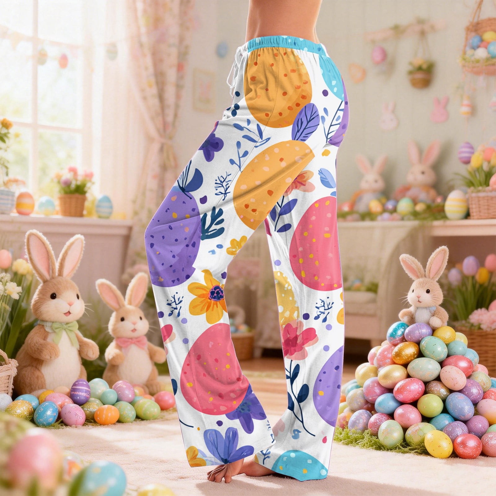 Bbyeadc Easter Womens Pajama Pants Wide Leg Rabbit Graphic Pajama Pants ...