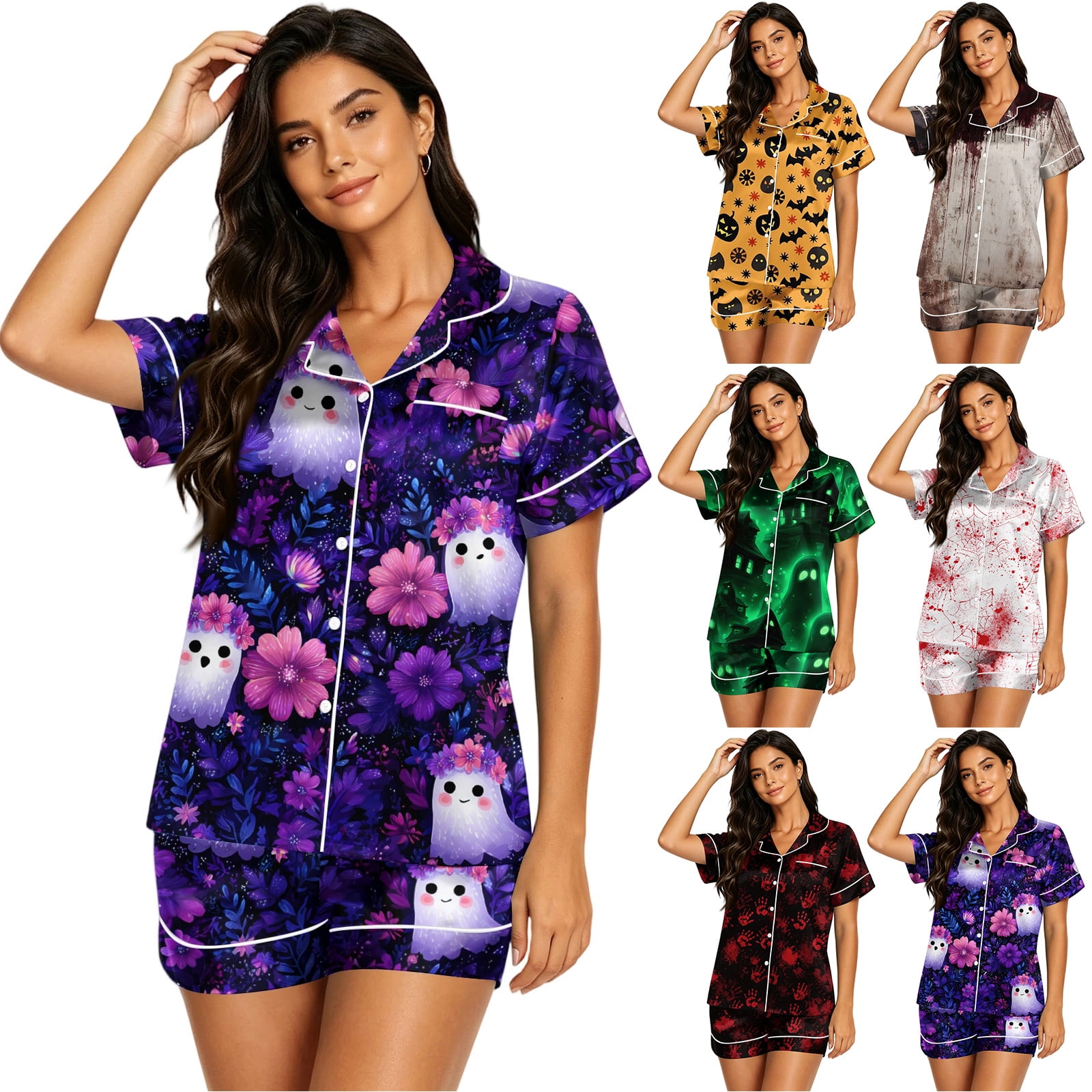 Bbyeadc Halloween Pajamas for Women Cute Cartoon Dessert Ghost Print ...