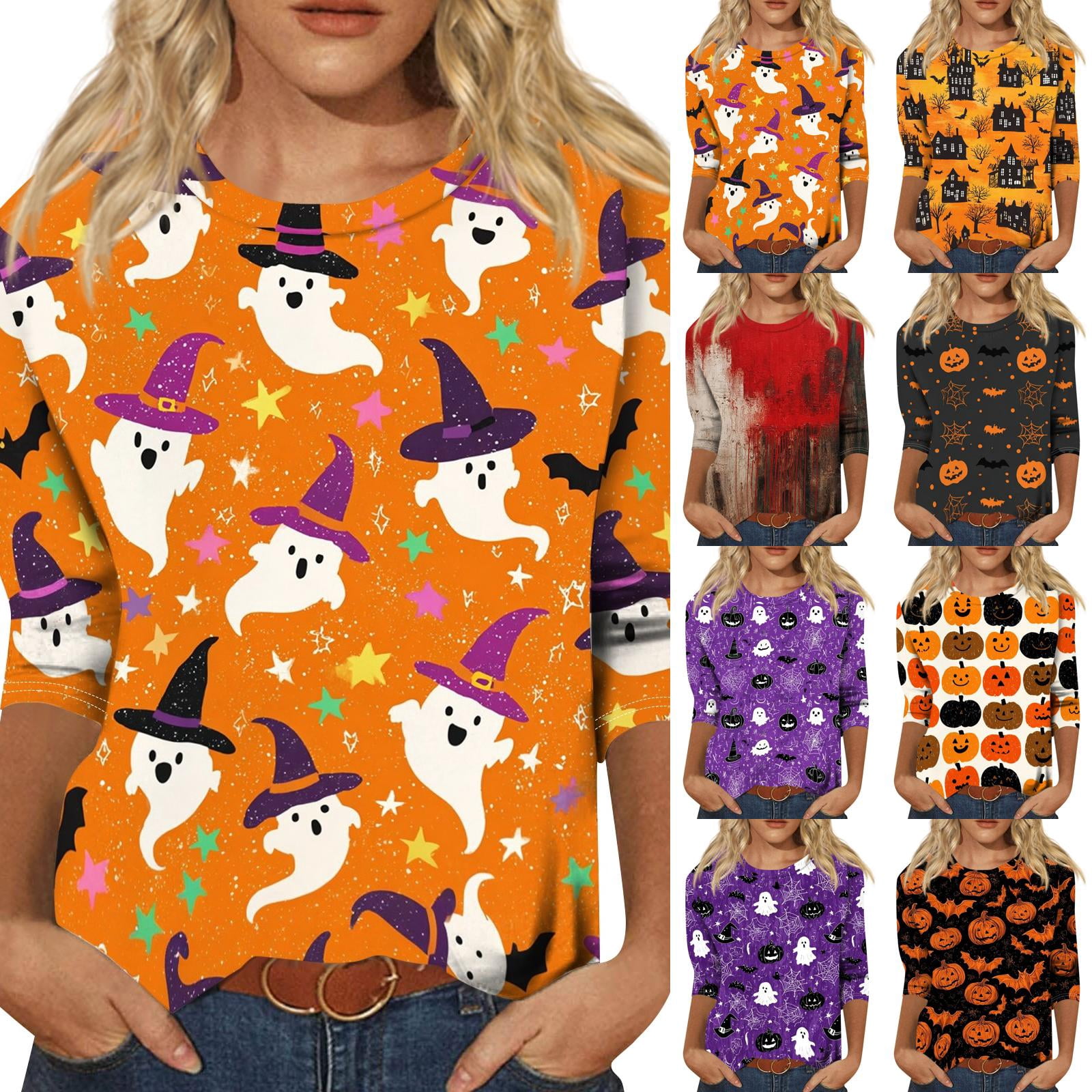 Bbyeadc Halloween Shirts for Women 3/4 Sleeve Crew Neck Blouses Funny ...