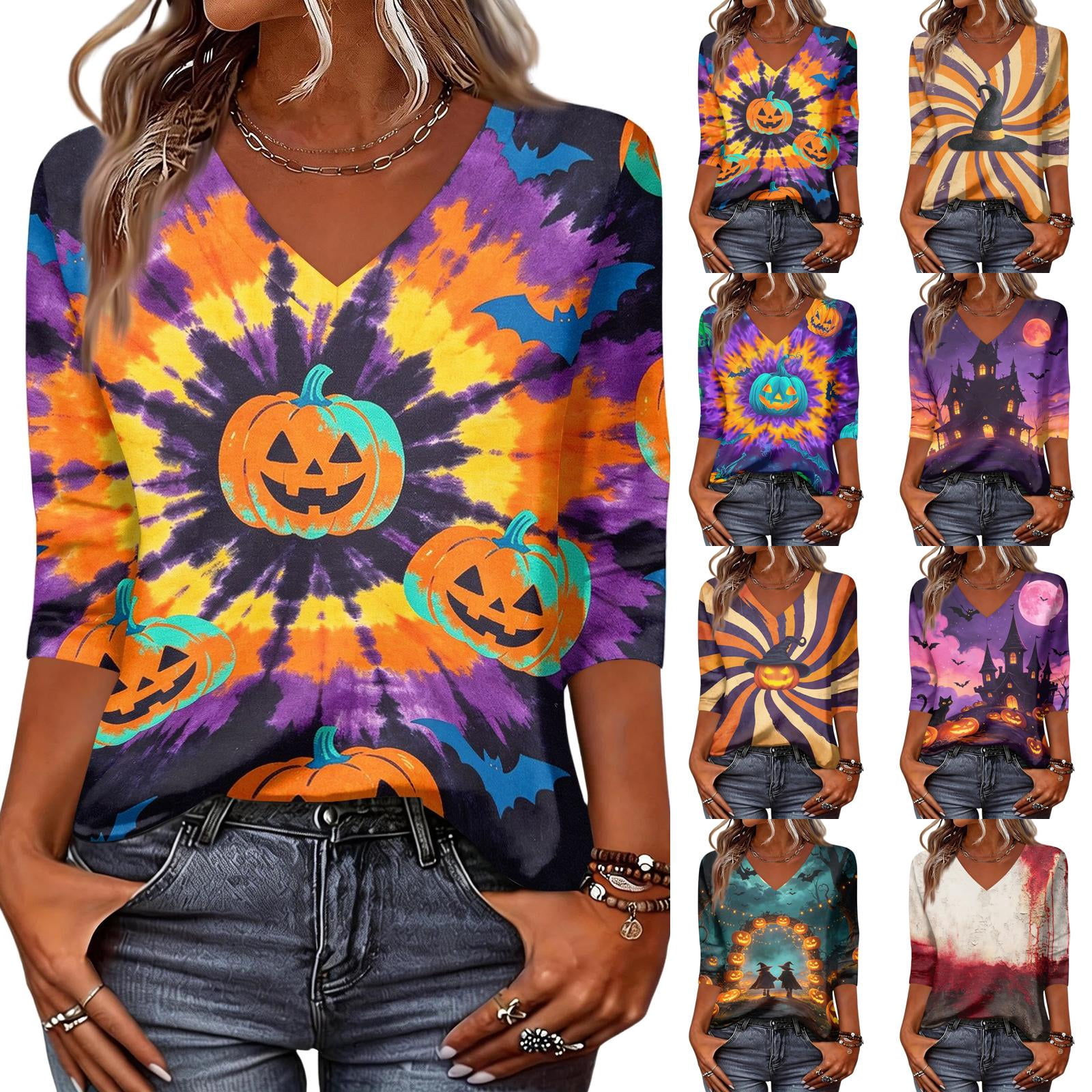 Bbyeadc Halloween Shirts for Women Funny Pumpkin Graphic 3/4 Sleeve ...