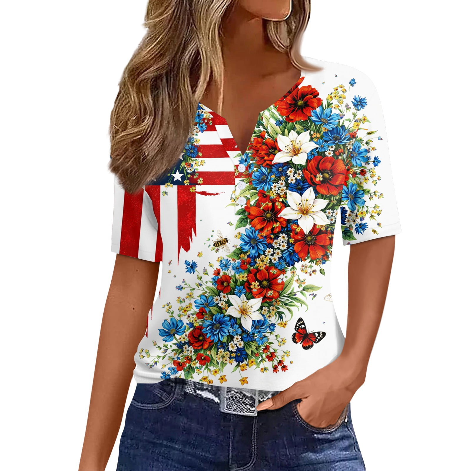 Bbyeadc Independence Day Summer Blouses for Women Flag Print Short ...