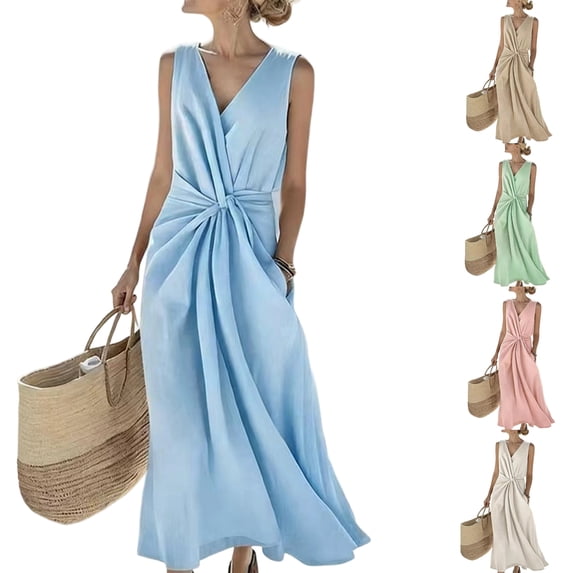 Bbyeadc Linen Dresses for Women Sleeveless V Neck Tiered Knot Long ...