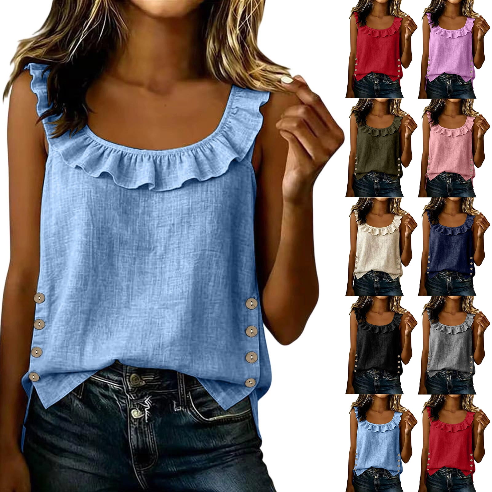 Bbyeadc Linen Tank Tops for Women Sleeveless Ruffle Scoop Neck Tops ...