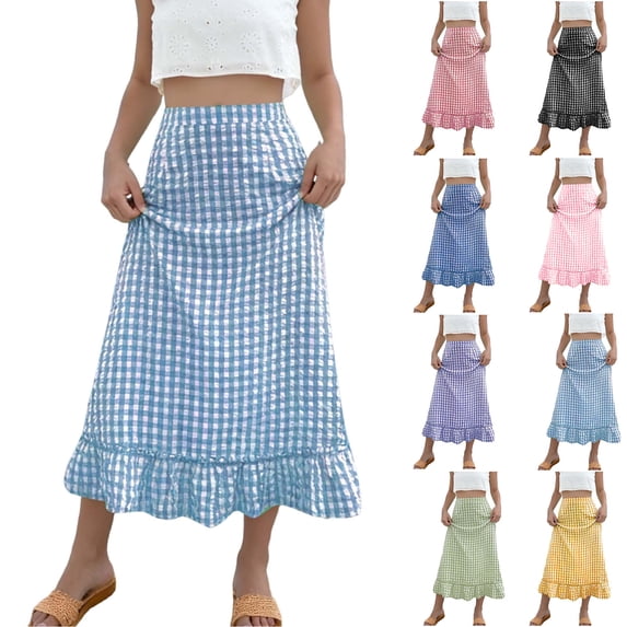 Bbyeadc Maxi Skirts for Women A Line High Waist Long Plaid Skirt Summer ...