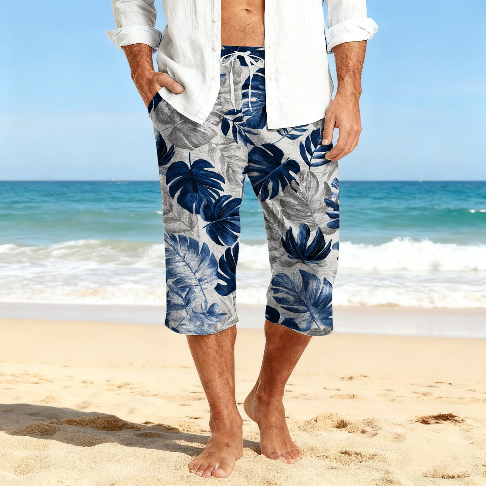 Bbyeadc Men's Hawaiian Swim Trunks Straight Leg Drawstring Capris Quick ...