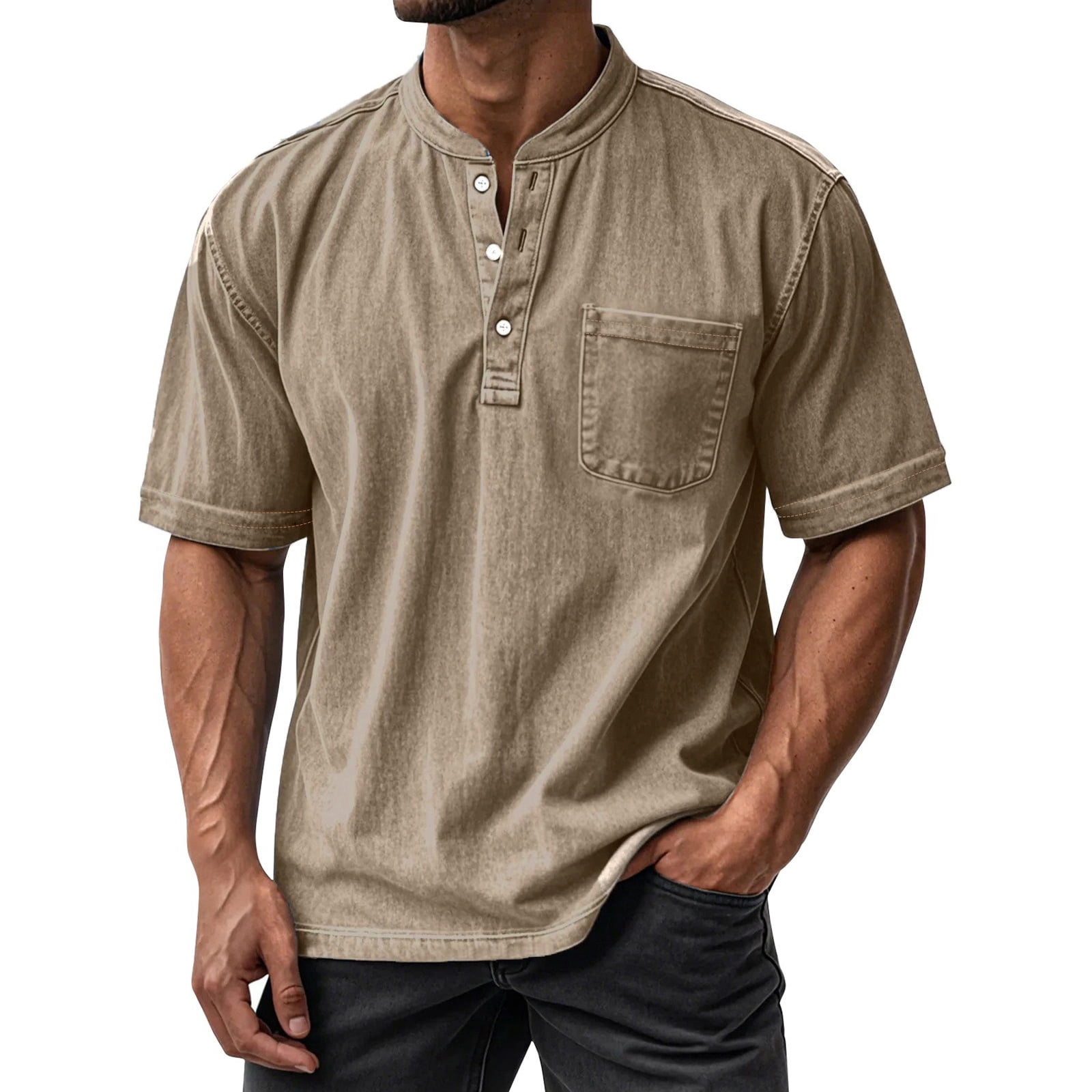 Bbyeadc Mens Henley Shirt Tee Short Sleeve Distressed T-Shirts Solid ...