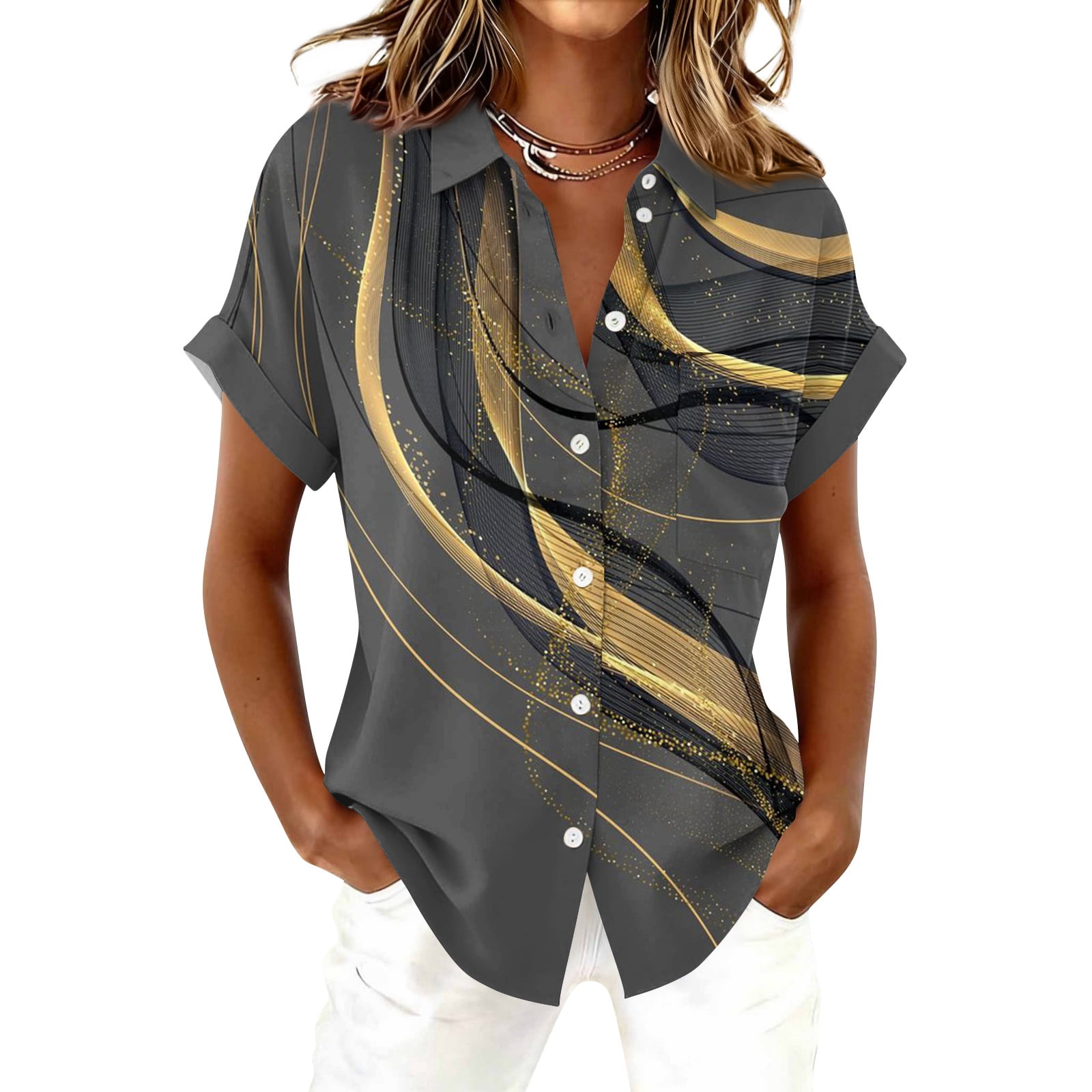 Bbyeadc Short Sleeve Button Up Shirts for Women Round Neck Top Striped ...