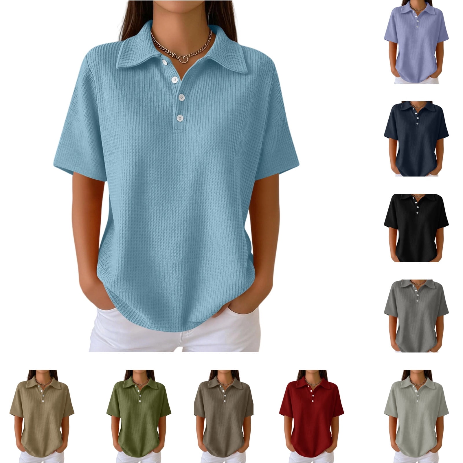 Bbyeadc Short Sleeve Polo Shirts for Women Waffle Knit Collared ...