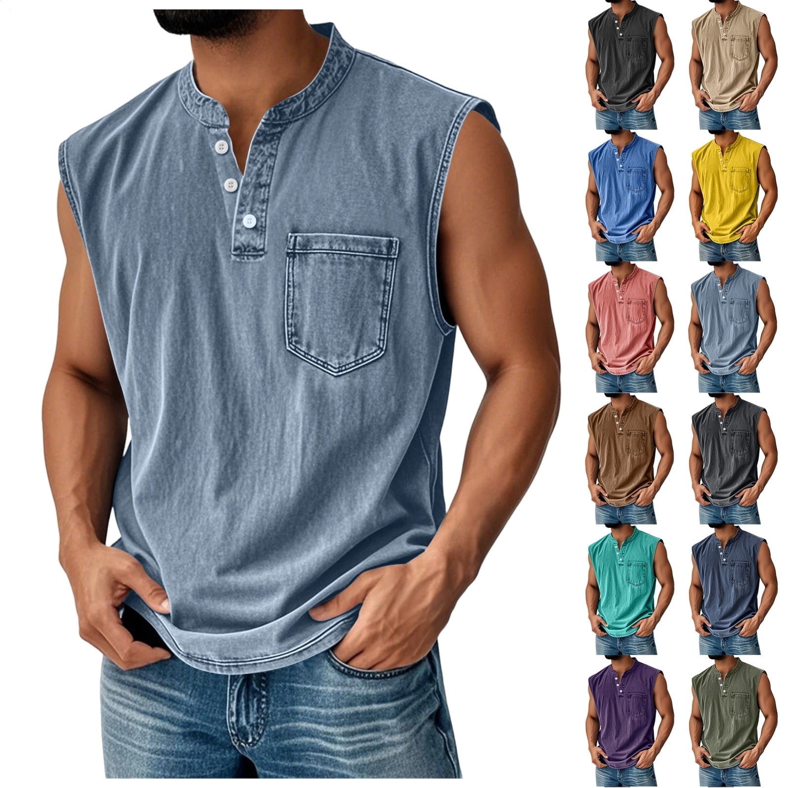 Bbyeadc Sleeveless Shirt for Men Henley Summer Tank Tops Casual ...
