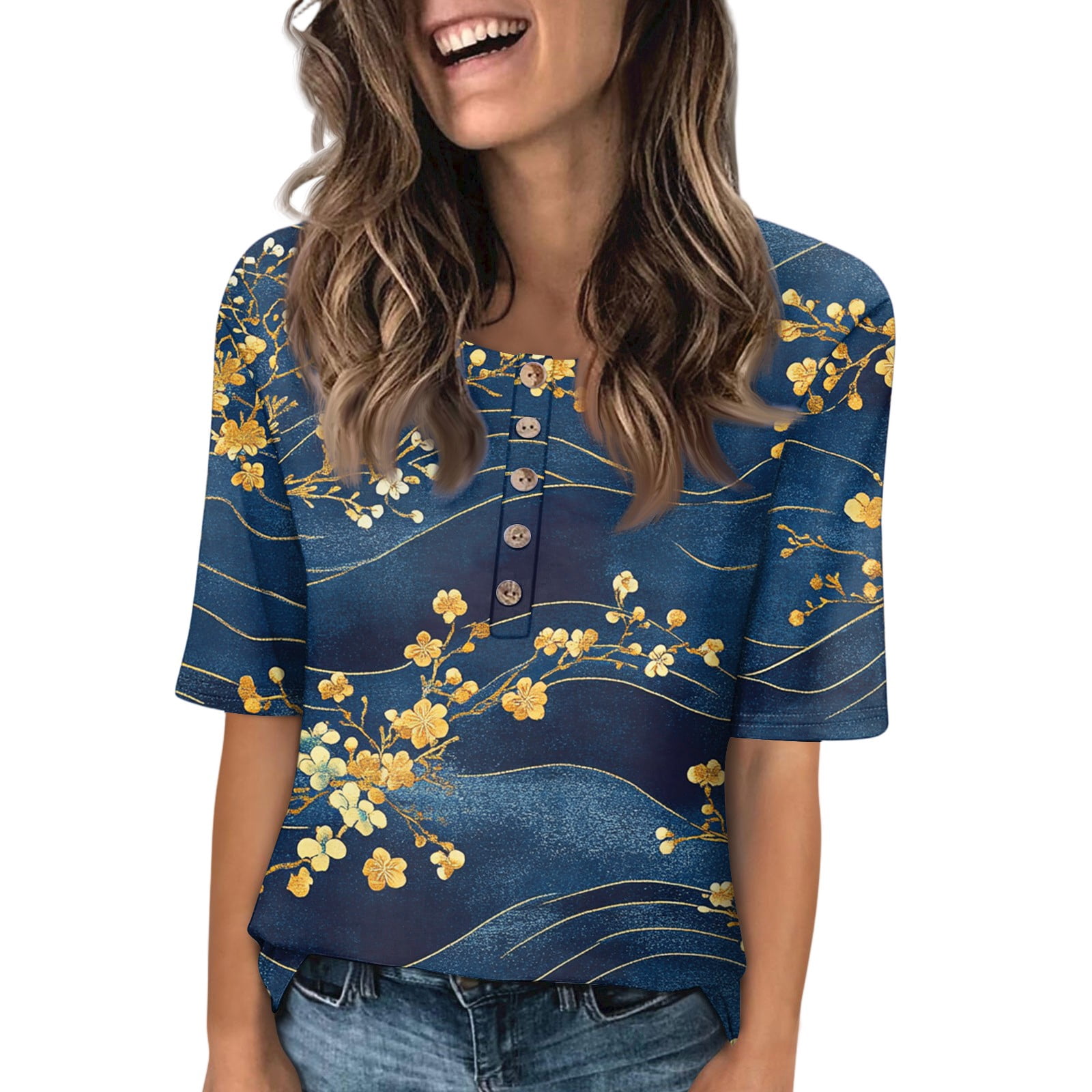 Bbyeadc Summer Blouses for Women Short-Sleeved Button Blouses Floral ...