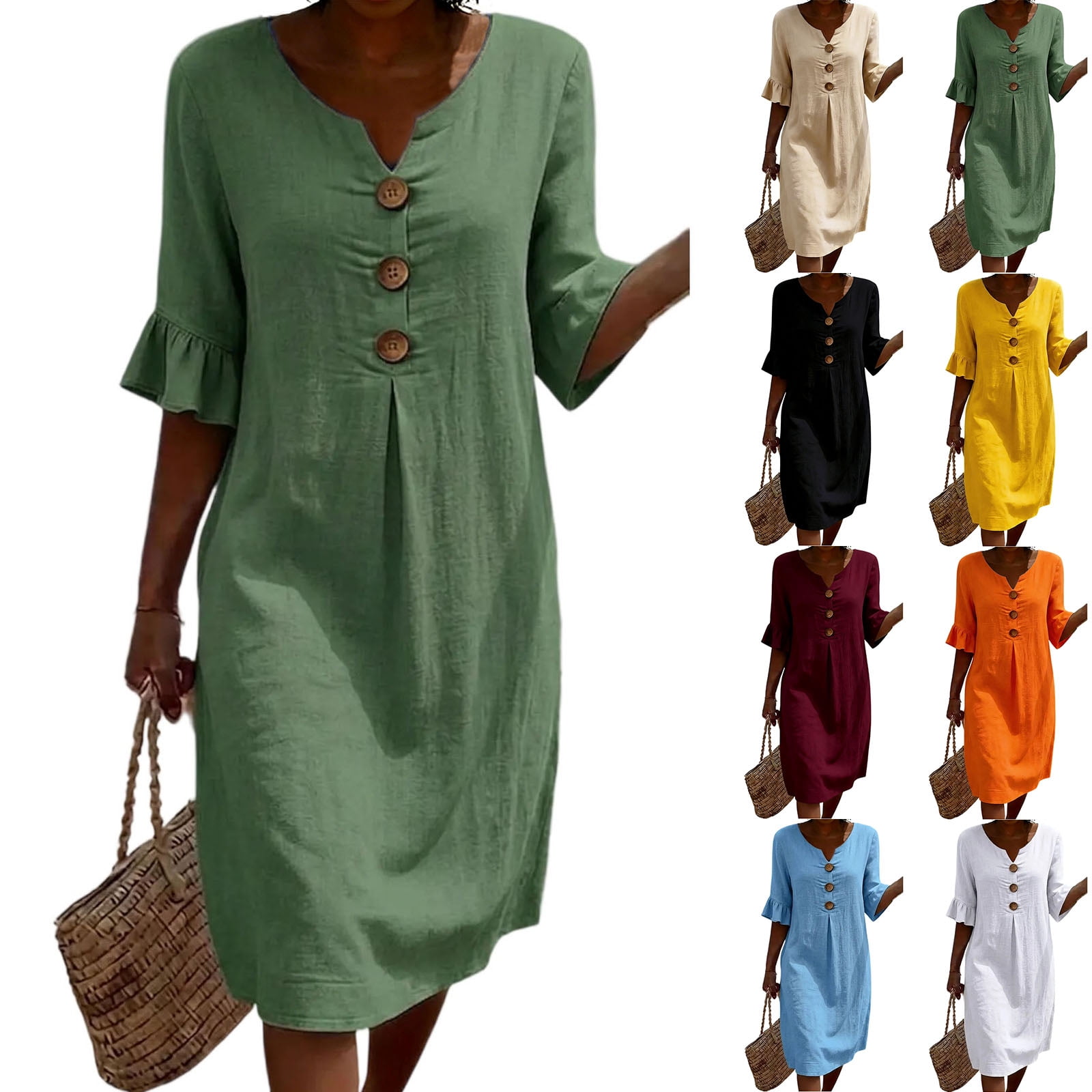 Bbyeadc Summer Dresses for Women Linen Button 2026 Casual 3/4 Length ...