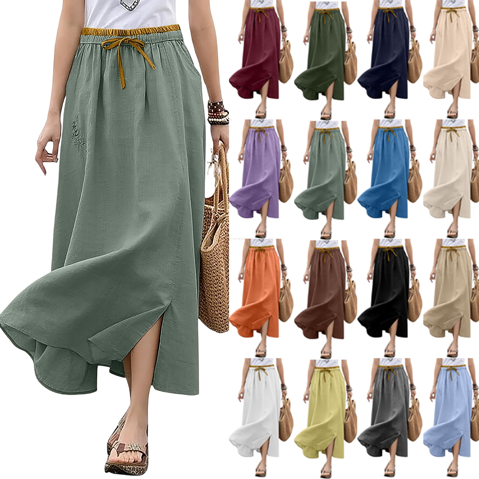 Bbyeadc Summer Skirts for Women 2026 Linen Flowy Casual Beach Long ...