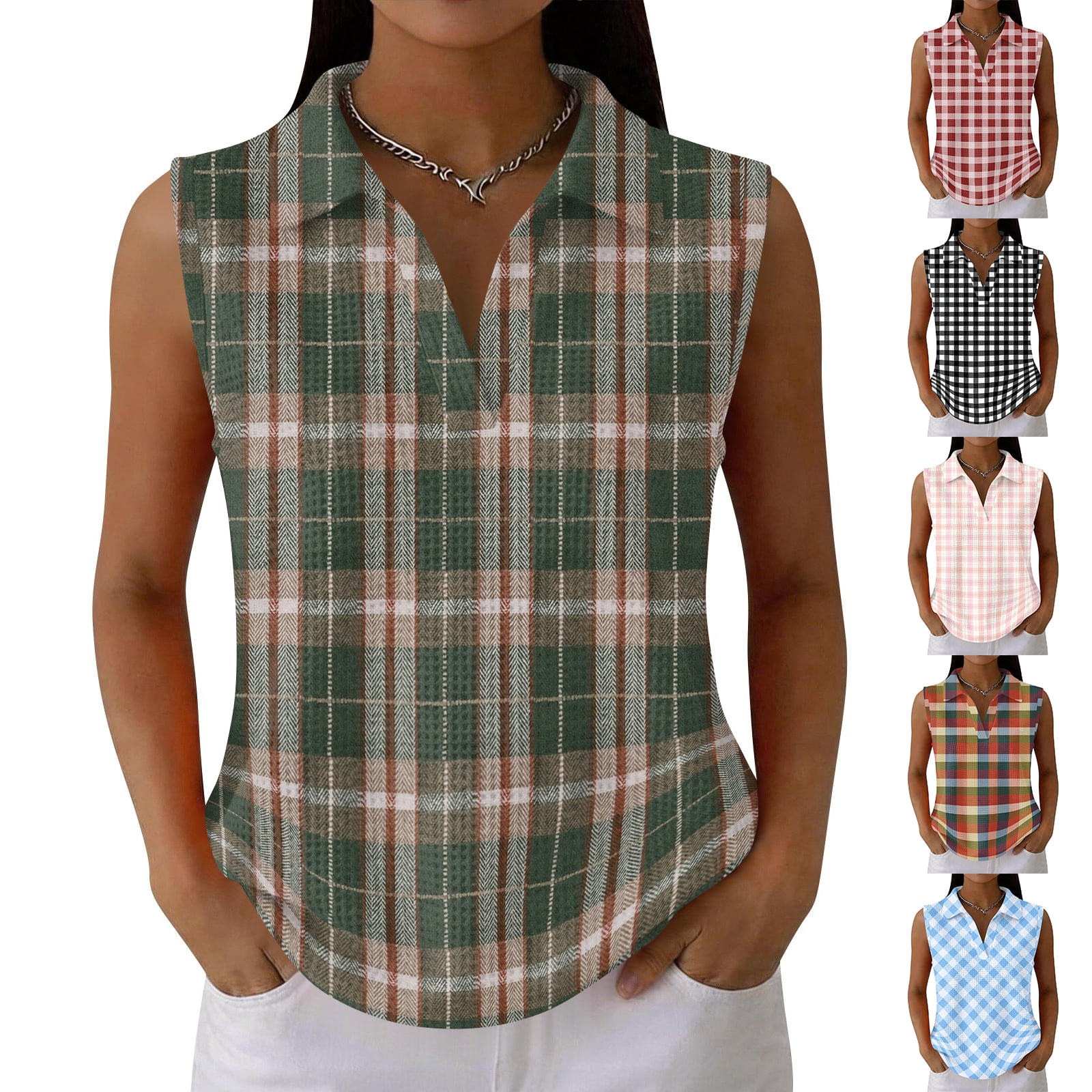 Bbyeadc Summer Tank Tank Top Plaid Print Golf Shirts for Women ...