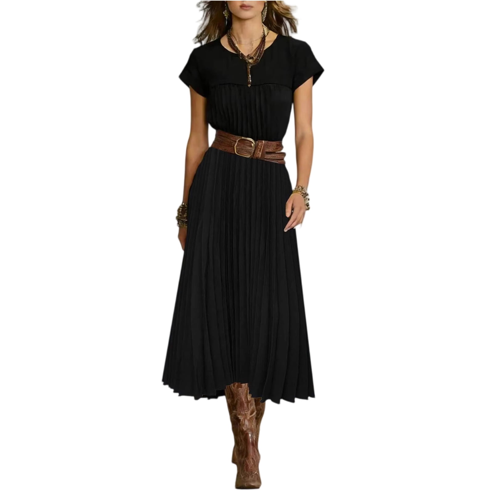 Bbyeadc Sun Dresses Women Midi A Line Crew Neck Dress Ruched Short ...