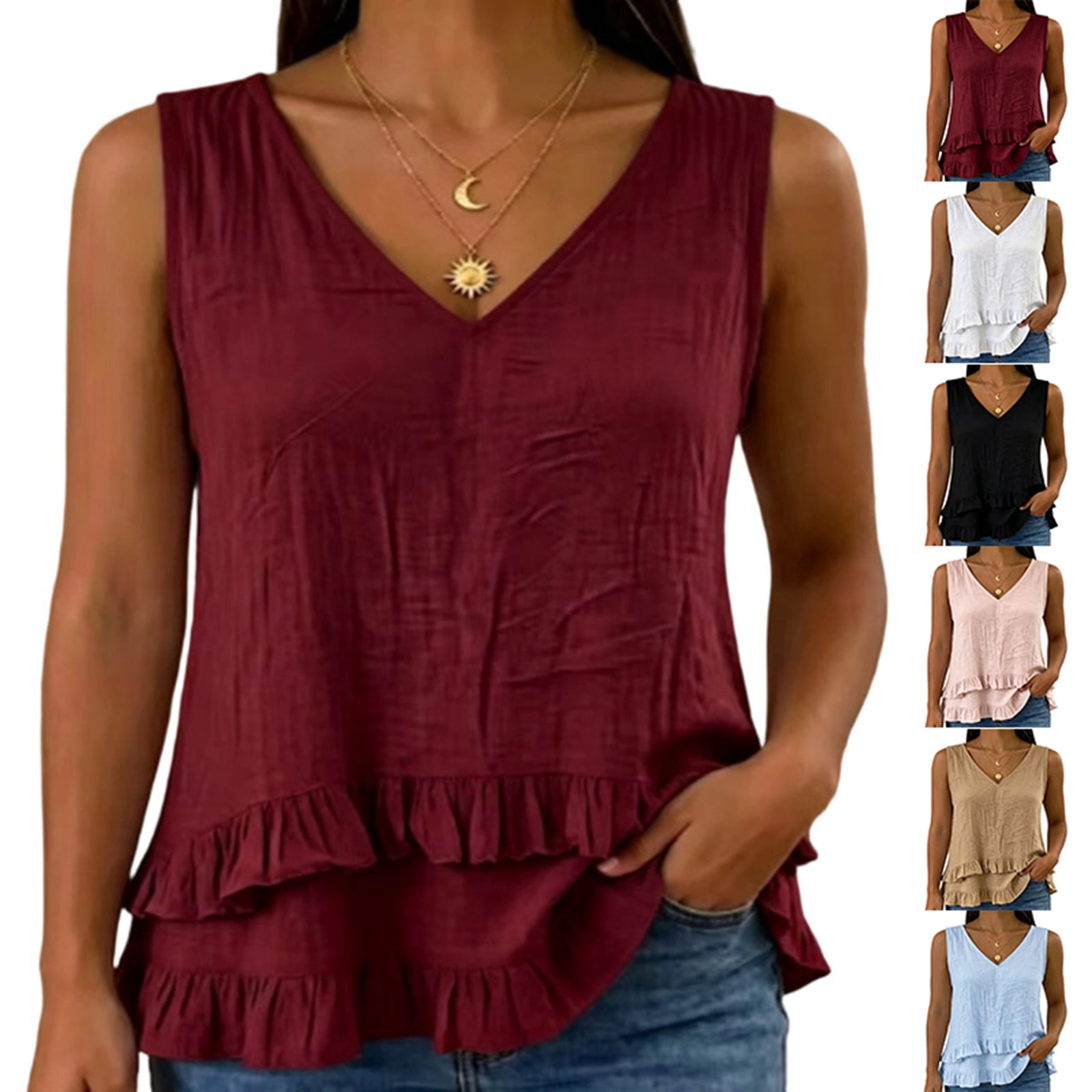 Bbyeadc Tank Tops for Women Linen Double Tiered Ruffle Wide Strap ...