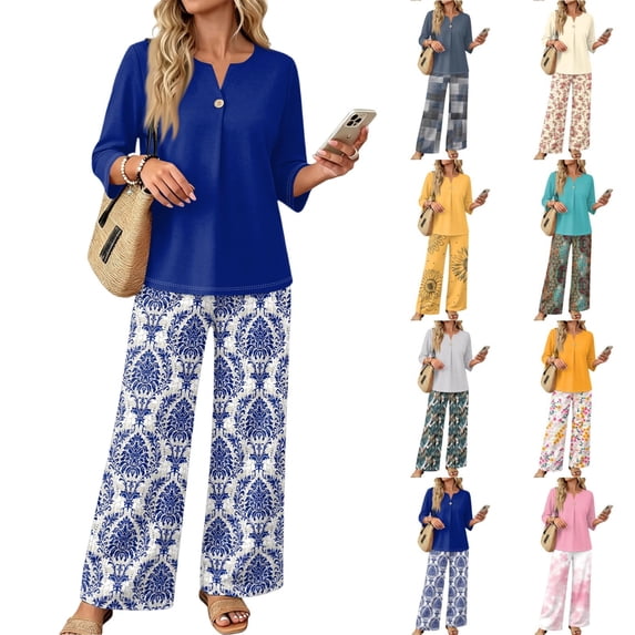 Bbyeadc Two Piece Sets for Women Button V Neck 3/4 Sleeve Top and ...