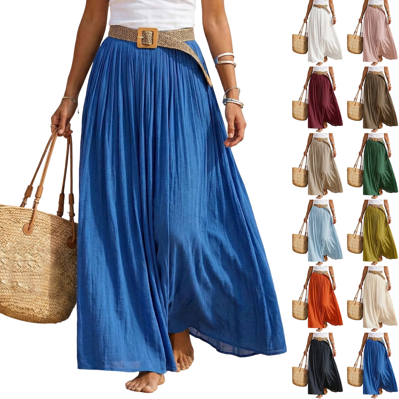 Bbyeadc Women Cotton Linen Skirts Retro Vintage Maxi Long Skirt Dress Pleated Flowy Summer Boho ...