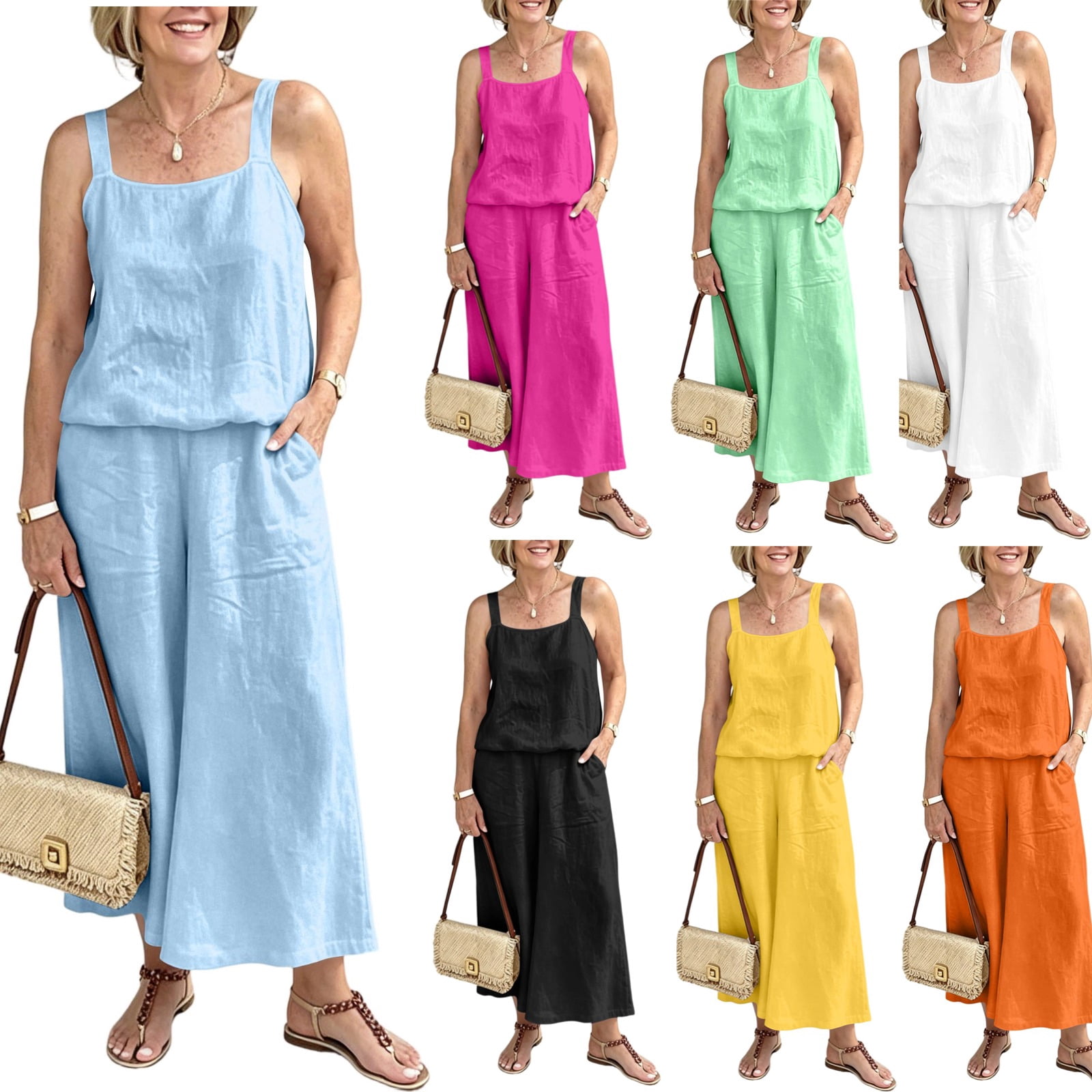 Bbyeadc Women's 2 Piece Outfits Linen Spaghetti Strap Tank Top Wide Leg ...