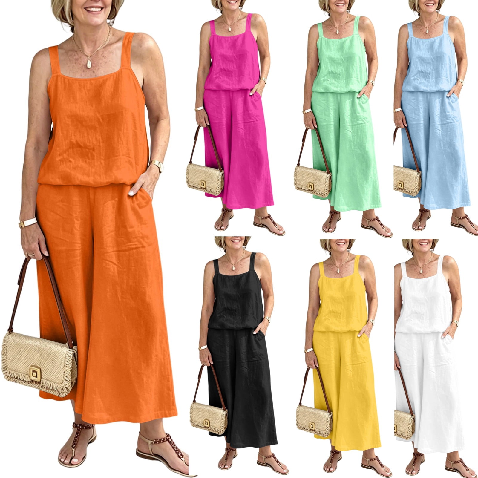 Bbyeadc Women's 2 Piece Outfits Linen Spaghetti Strap Tank Top Wide Leg ...