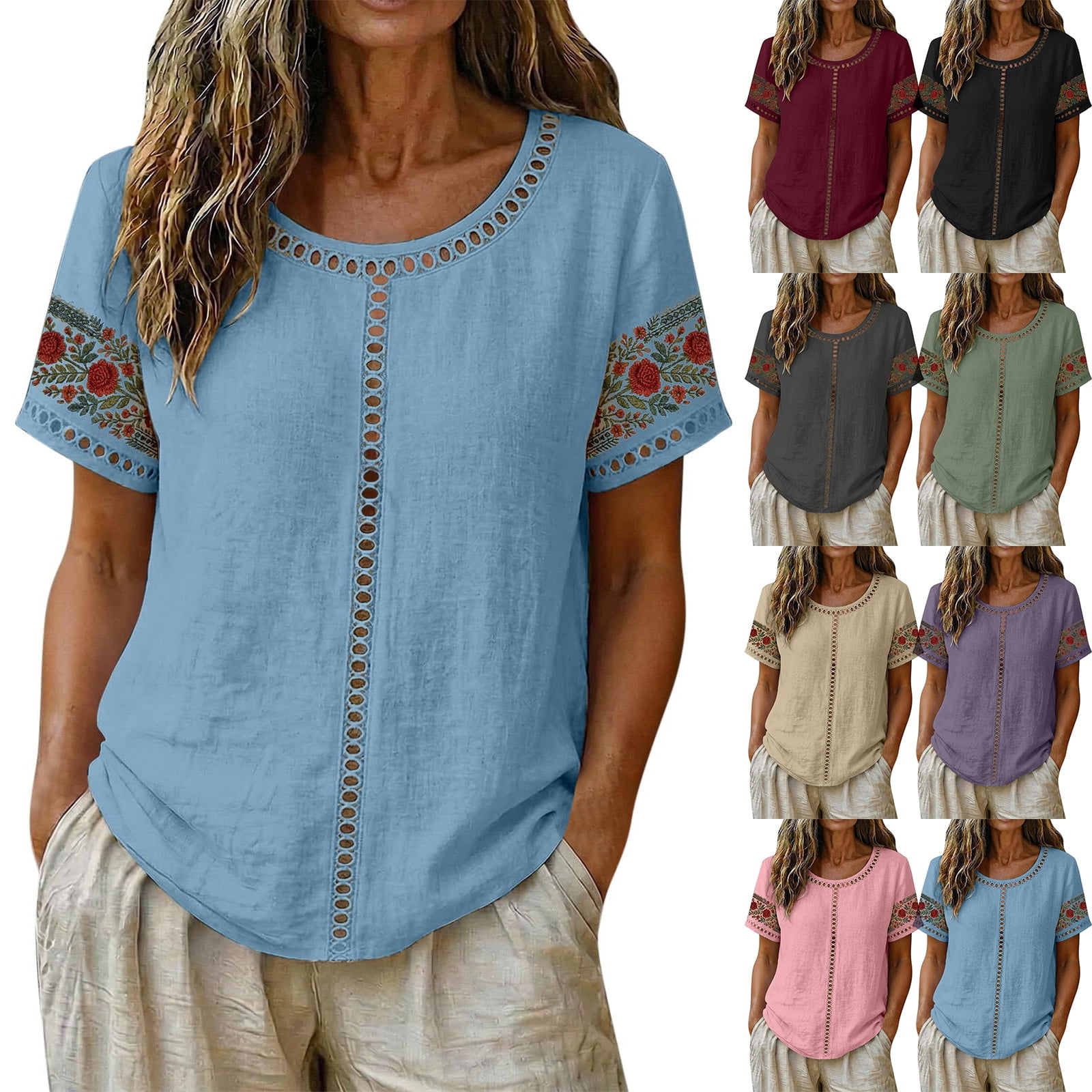 Bbyeadc Women's Cotton Linen Tunics Embroidered Short Sleeve Tops Loose ...