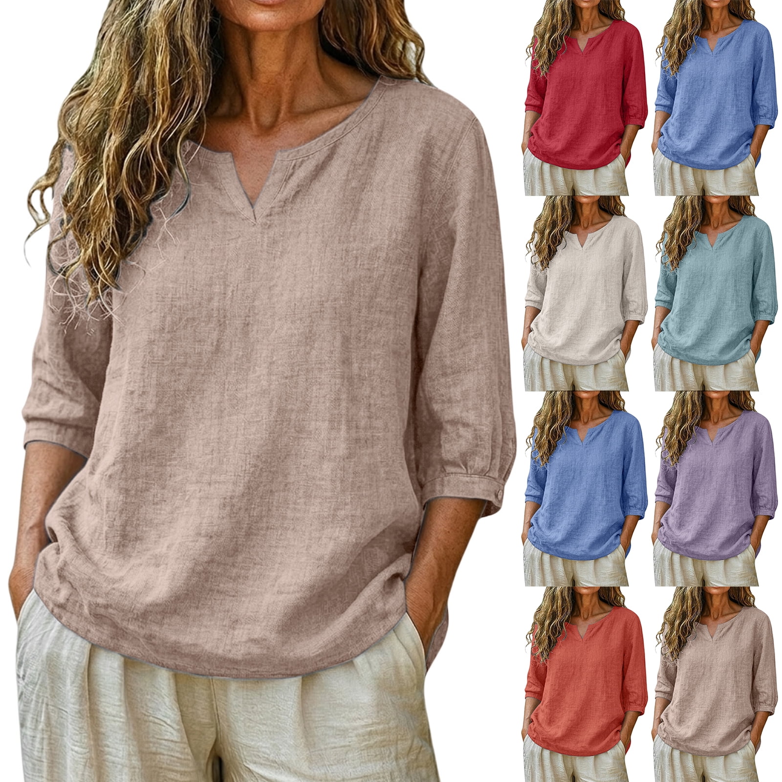 Bbyeadc Women's Linen Blouse V Neck 3/4 Sleeve Loose Fit Shirts ...