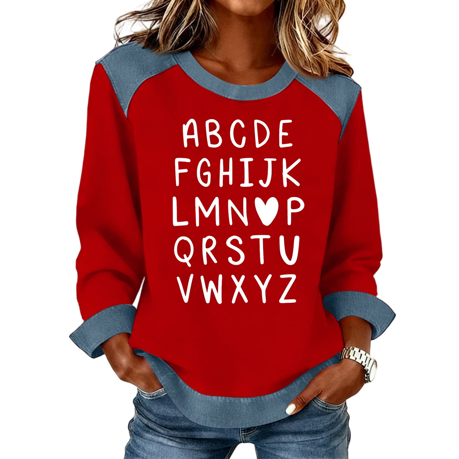 Bbyeadc Women's Sweatshirt Long Sleeve Top Vintage Waffle Denim Collar ...