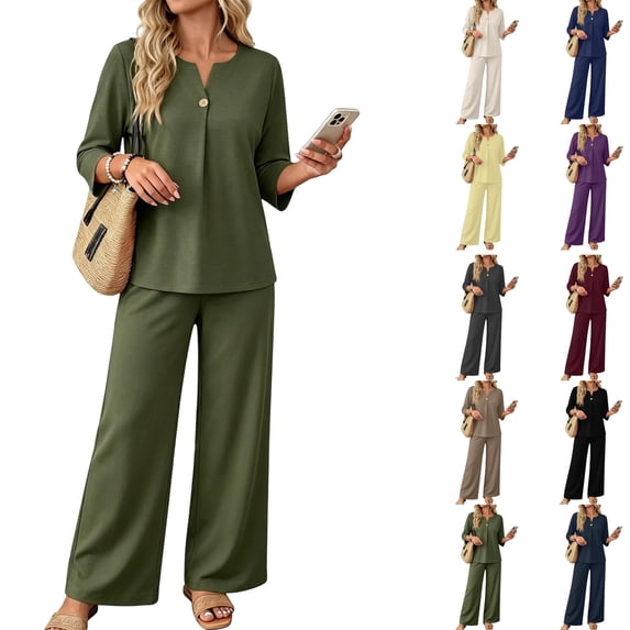 Bbyeadc Womens 2 Piece Outfits Set Notch V Neck Single Button Home ...