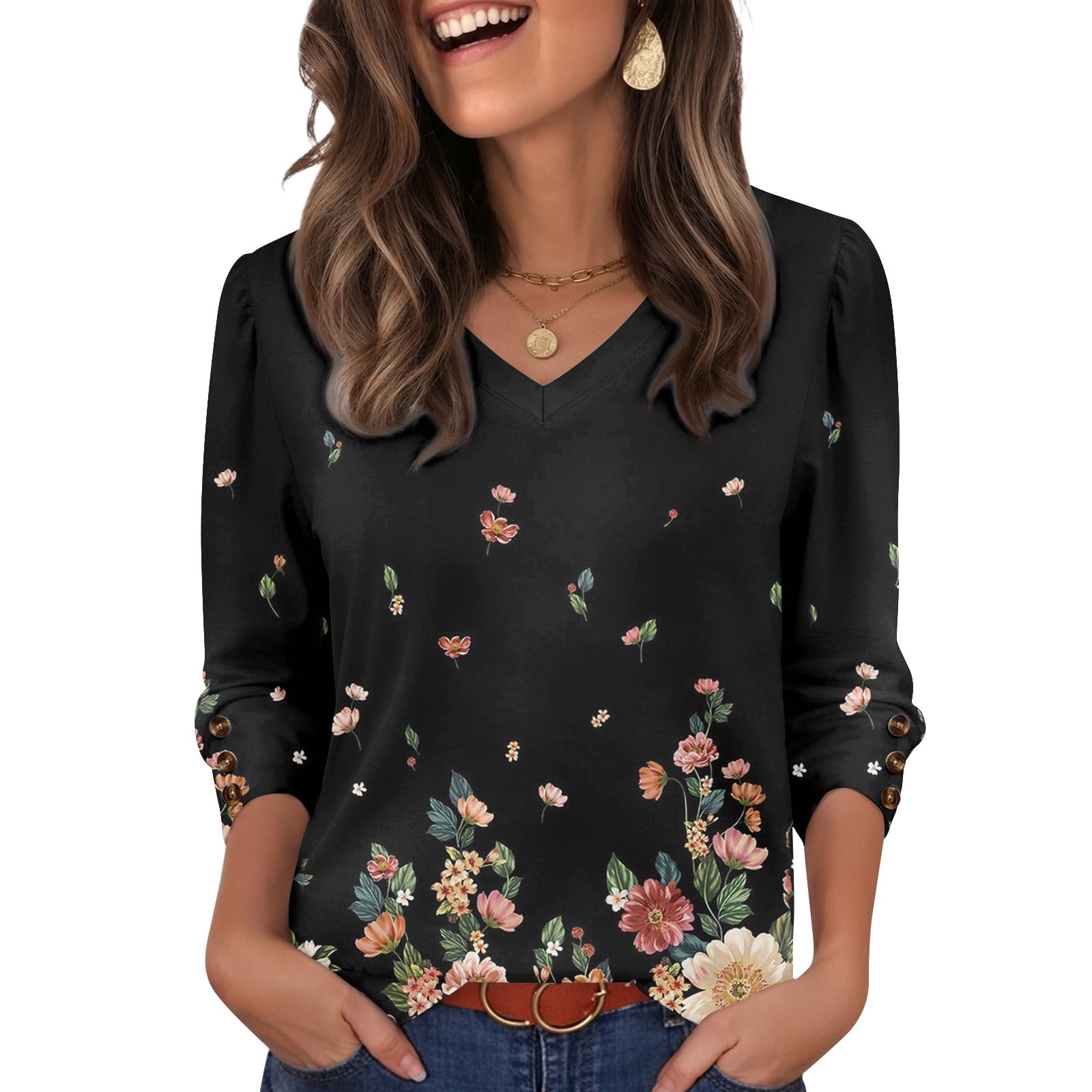 Bbyeadc Womens 3/4 Long Sleeve Blouse V Neck Lightweight Shirts Button ...