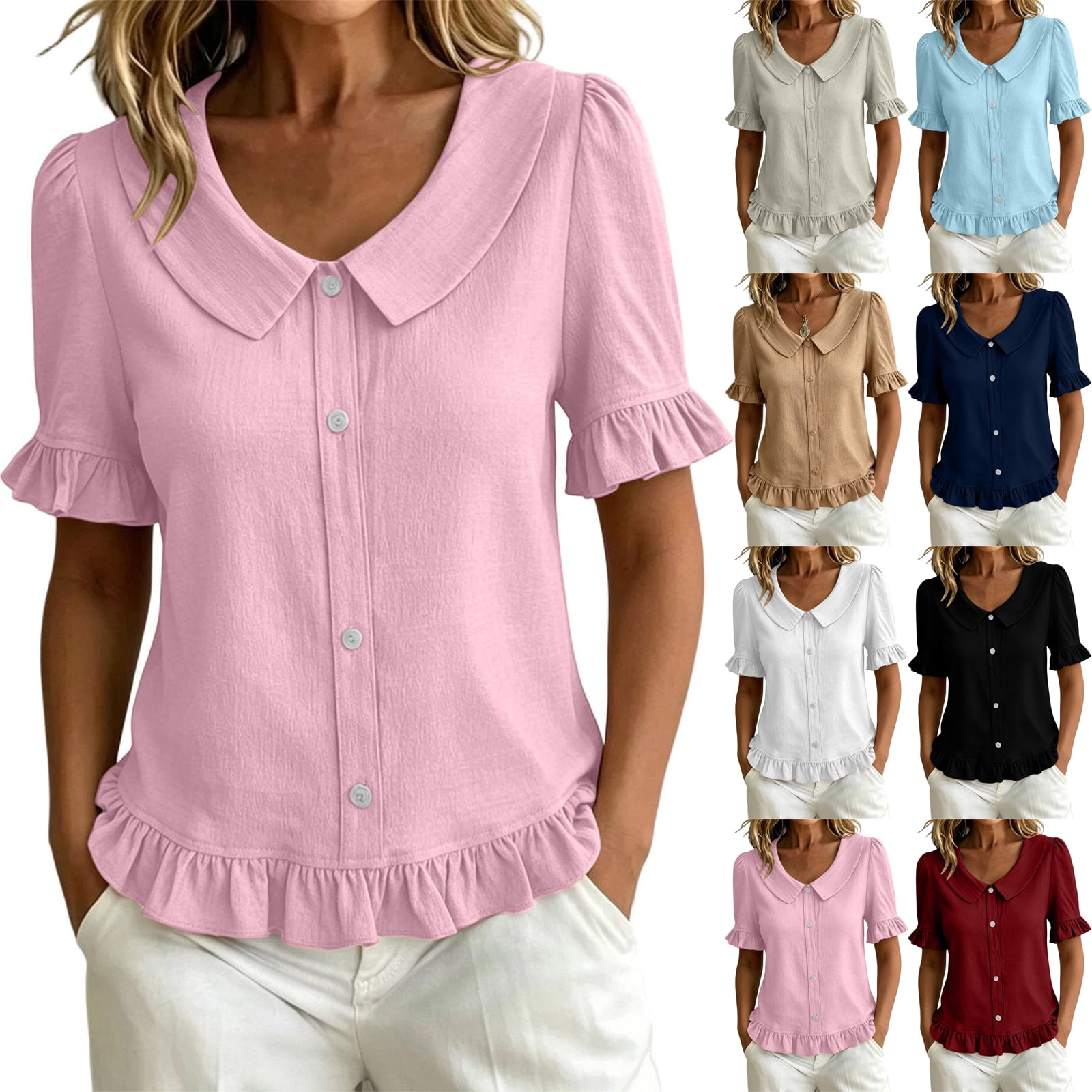 Bbyeadc Womens Blouses Linen Ruffles Short Sleeve Shirts Peter Pan ...