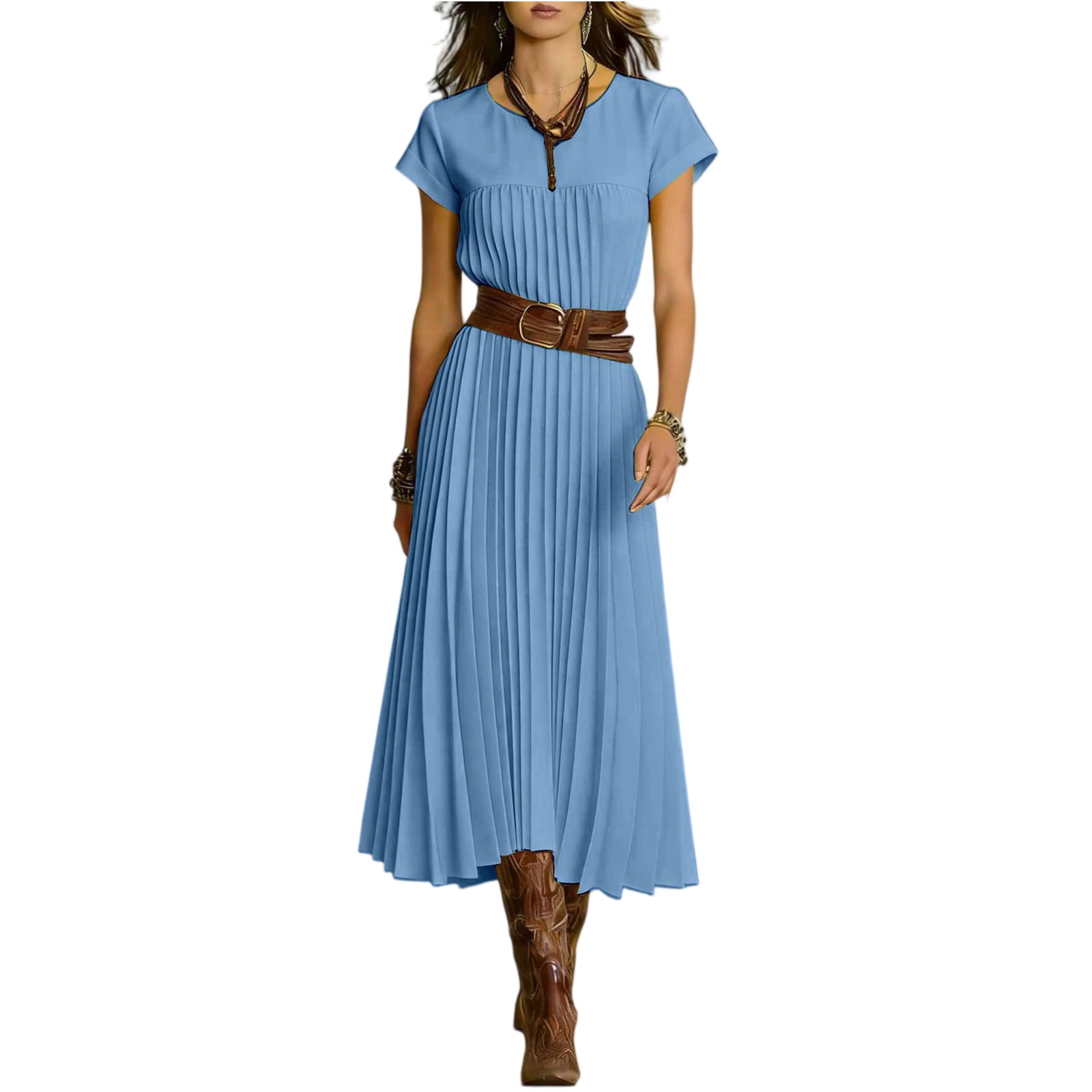 Bbyeadc Womens Dresses A Line Ruched Short Sleeve House Dress Flowy ...