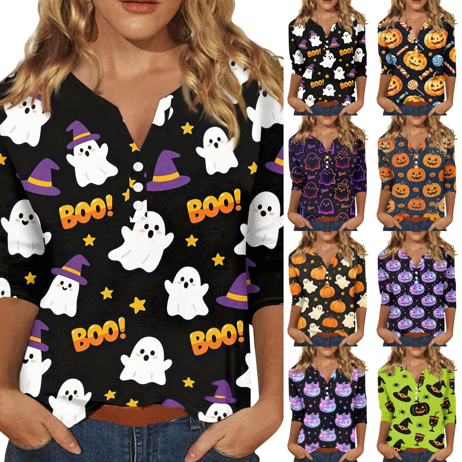 Bbyeadc Womens Halloween Shirts Raglan Pumpkin Print 3/4 Sleeve Casual ...