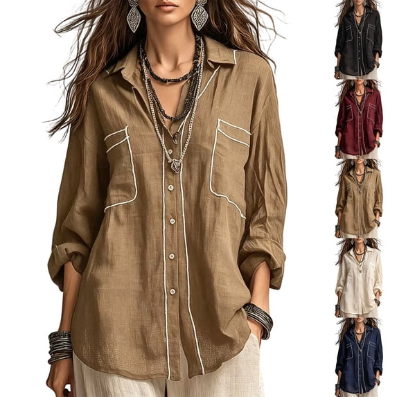 Bbyeadc Womens Long Sleeve Blouse Linen Retro Collared V Neck Button ...