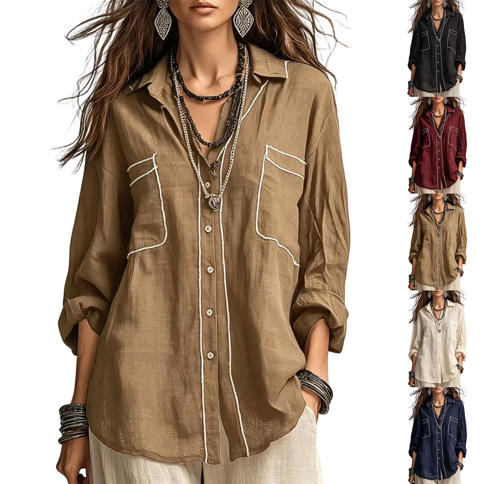 Bbyeadc Womens Long Sleeve Blouse Linen Retro Collared V Neck Button ...