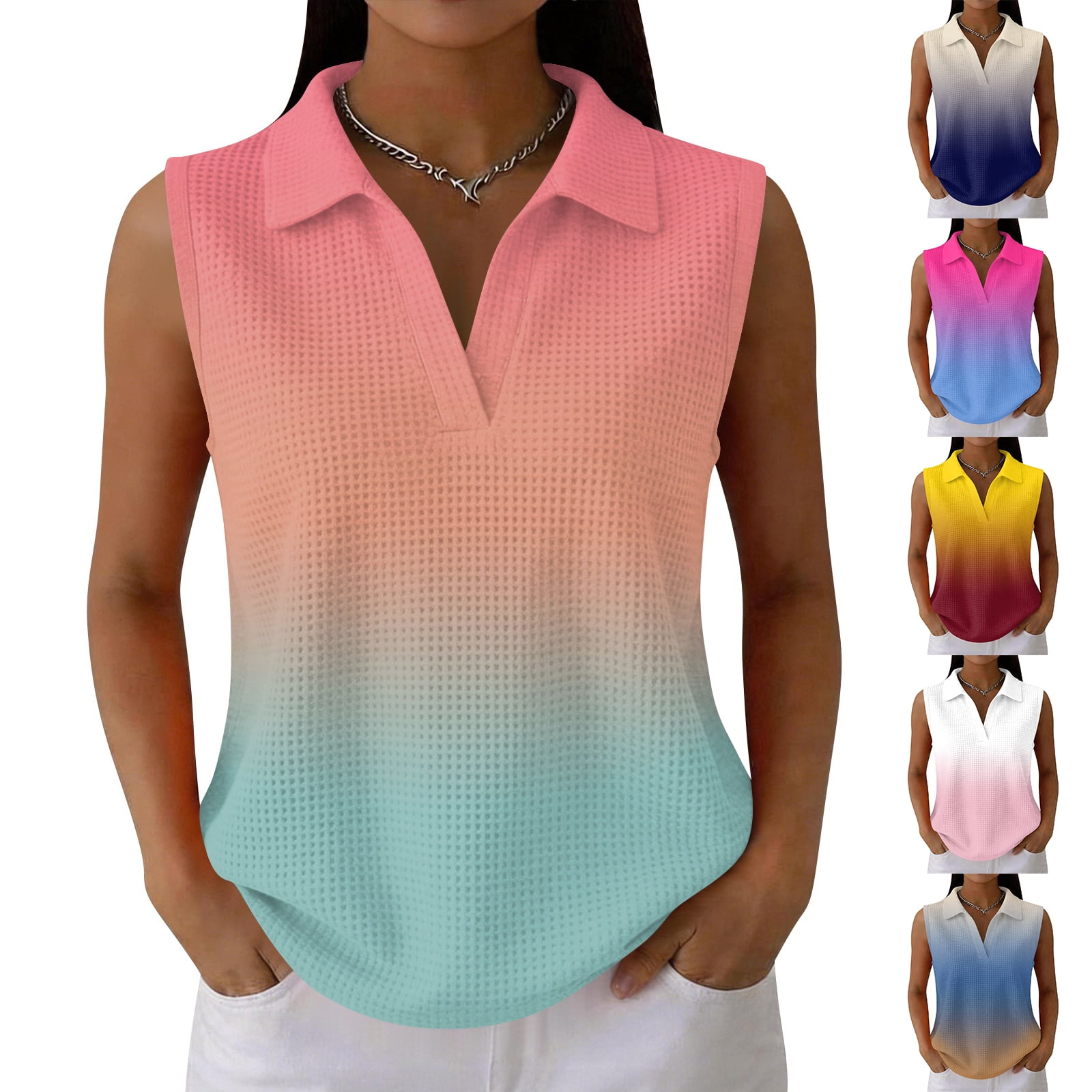 Bbyeadc summer for Women Summer V Neck Waffle Knit Tops Gradient ...