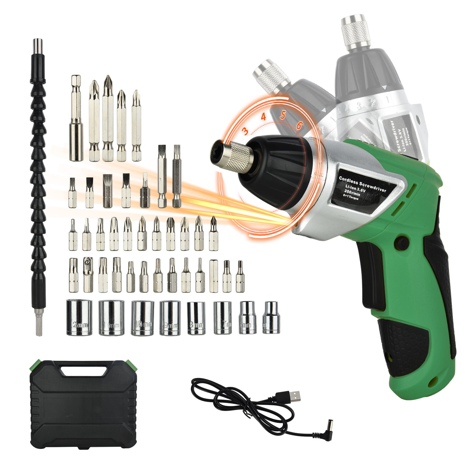 45 Pc 3.6V LED Rechargeable Pivoting Cordless Screwdriver Set by ...