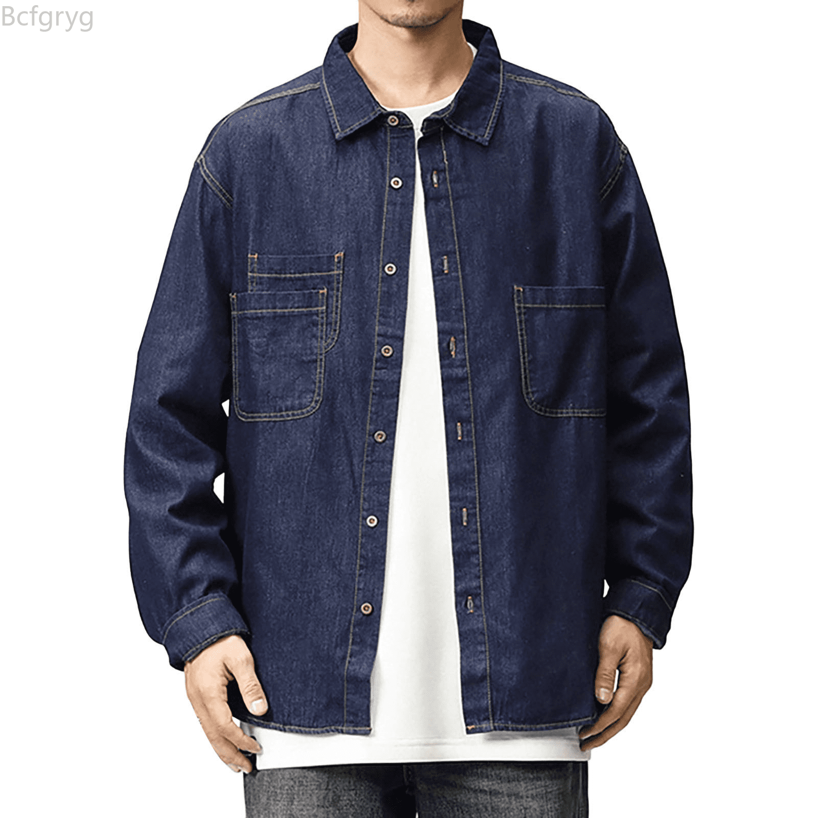 Bcfgryg Denim Shirt Jacket Workwear Long Sleeve Button Down Collar ...